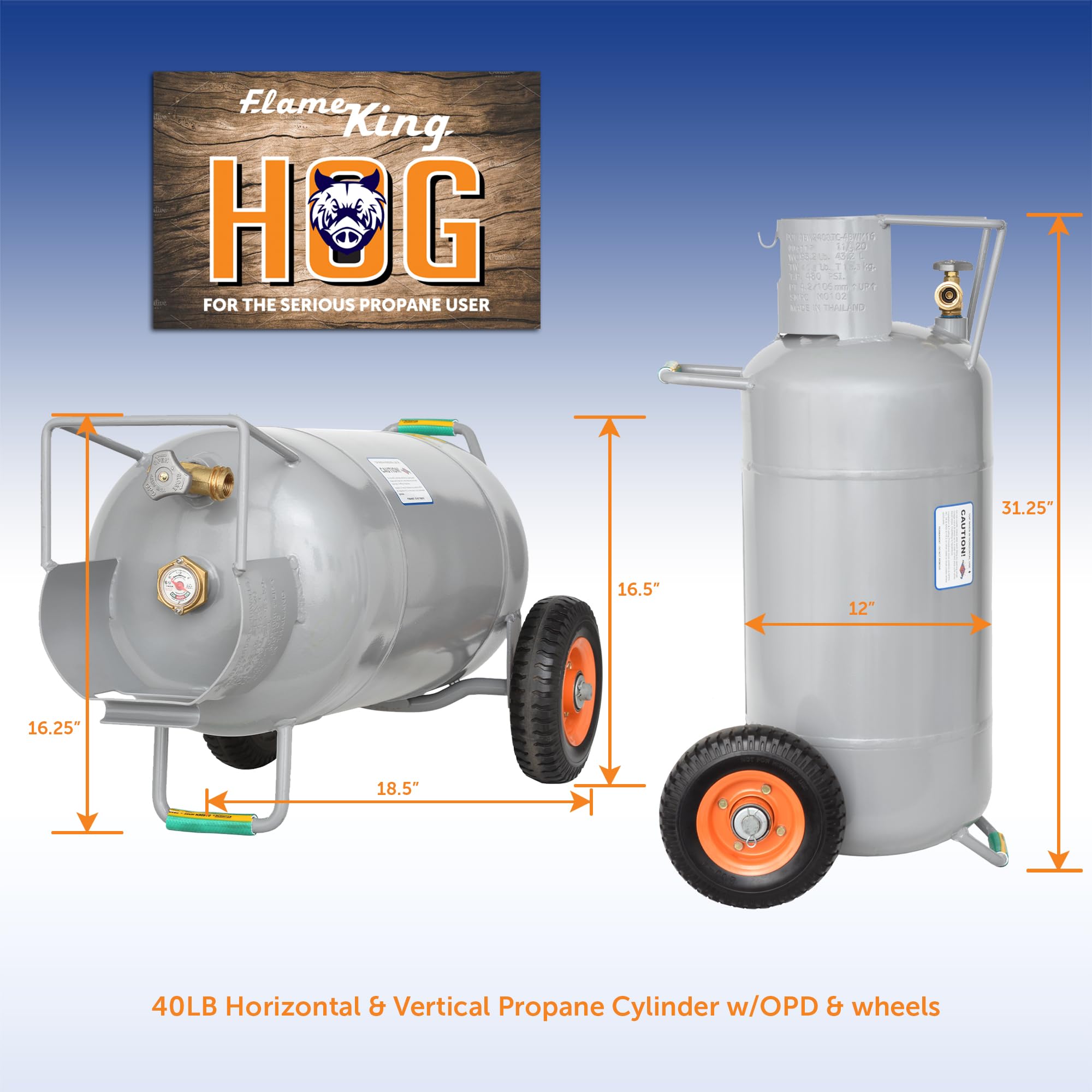 Flame King YSN40HOGb 40LB Steel Horizontal & Vertical Propane Tank Cylinder HOG with Dolly Cart Wheels Tables, Fire Pits, Patio Heaters, Barbeques, Lunch, Weed Torch, and Truck Campers, Gray