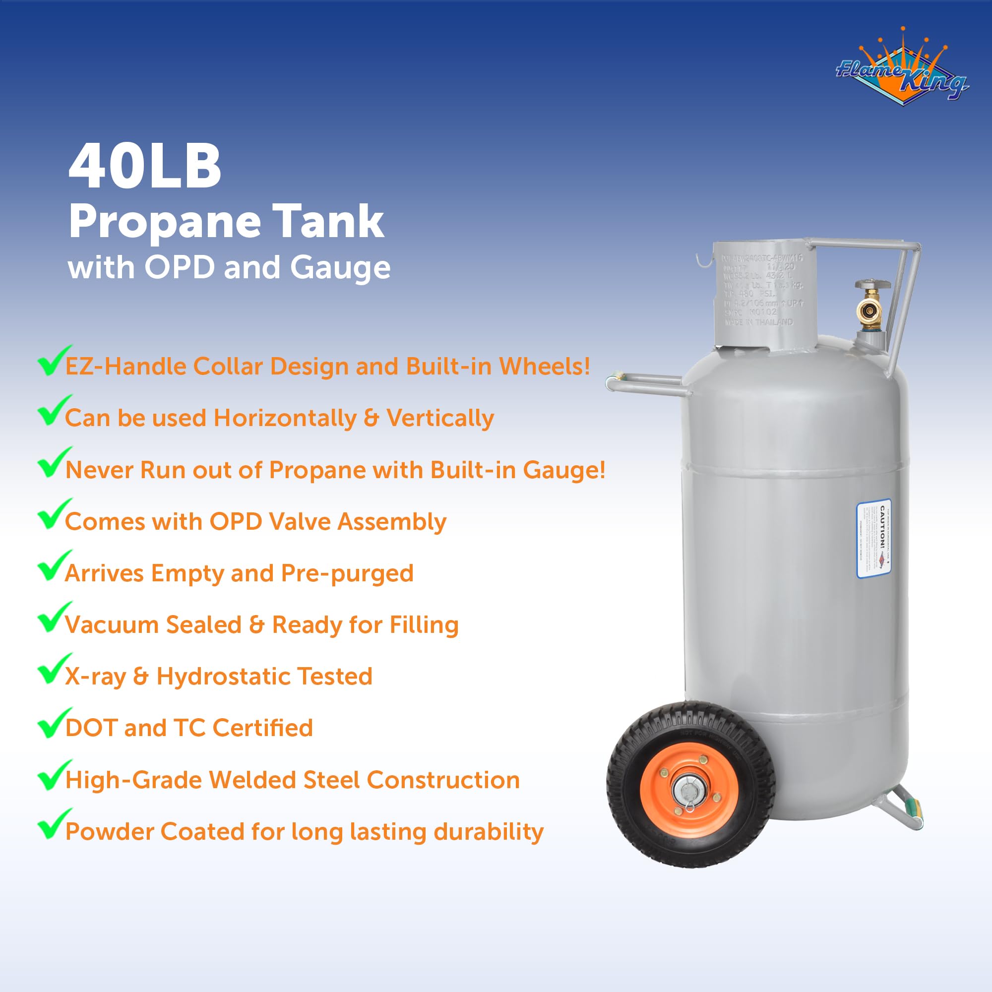 Flame King YSN40HOGb 40LB Steel Horizontal & Vertical Propane Tank Cylinder HOG with Dolly Cart Wheels Tables, Fire Pits, Patio Heaters, Barbeques, Lunch, Weed Torch, and Truck Campers, Gray