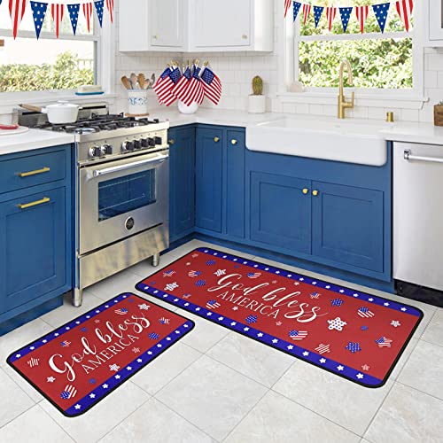 Protikol Fourth of July Kitchen Rugs Set 2 Pieces Independence Day Non Skid Kitchen Floor Rug and Mat Red Blue Kitchen Runner Rug Mat for Indoor Home Kitchen Decor 17"x47"+17"x30"