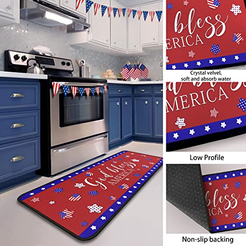 Protikol Fourth of July Kitchen Rugs Set 2 Pieces Independence Day Non Skid Kitchen Floor Rug and Mat Red Blue Kitchen Runner Rug Mat for Indoor Home Kitchen Decor 17"x47"+17"x30"