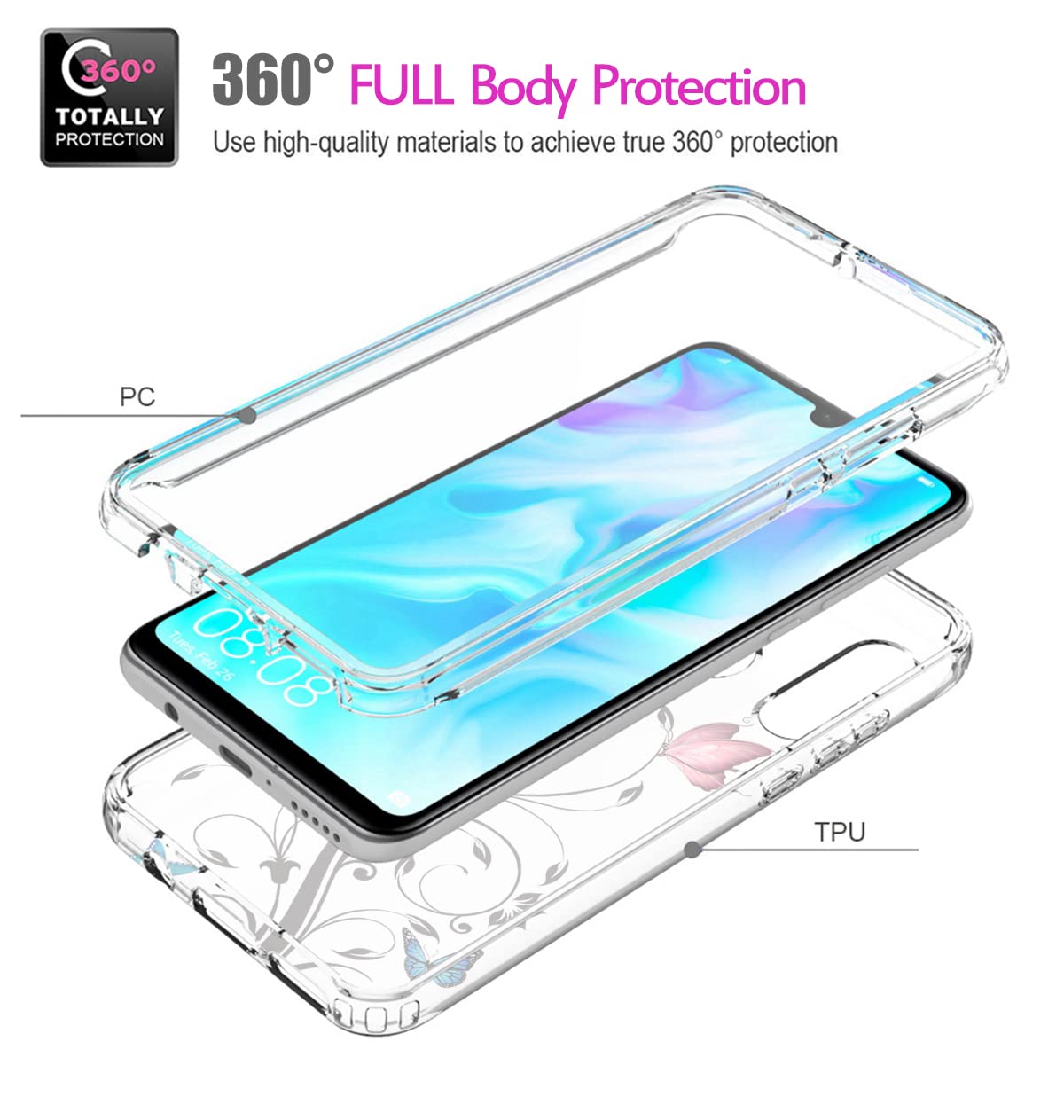 Vavies Phone Case for Huawei P30 Lite/Nova 4E, Butterfly Tree Floral Design, Clear TPU, Full Body Protection, Tempered Glass Screen Protector, Compatible with MAR-LX3A Models