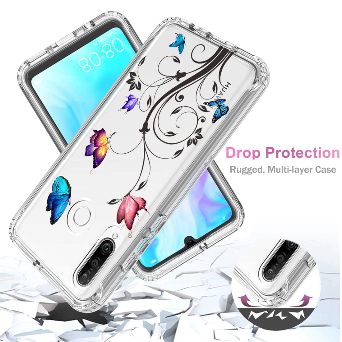 Vavies Phone Case for Huawei P30 Lite/Nova 4E, Butterfly Tree Floral Design, Clear TPU, Full Body Protection, Tempered Glass Screen Protector, Compatible with MAR-LX3A Models