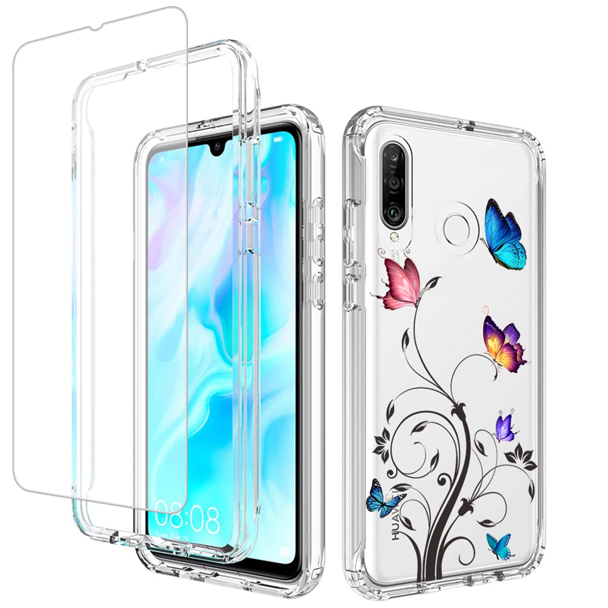 Vavies Phone Case for Huawei P30 Lite/Nova 4E, Butterfly Tree Floral Design, Clear TPU, Full Body Protection, Tempered Glass Screen Protector, Compatible with MAR-LX3A Models