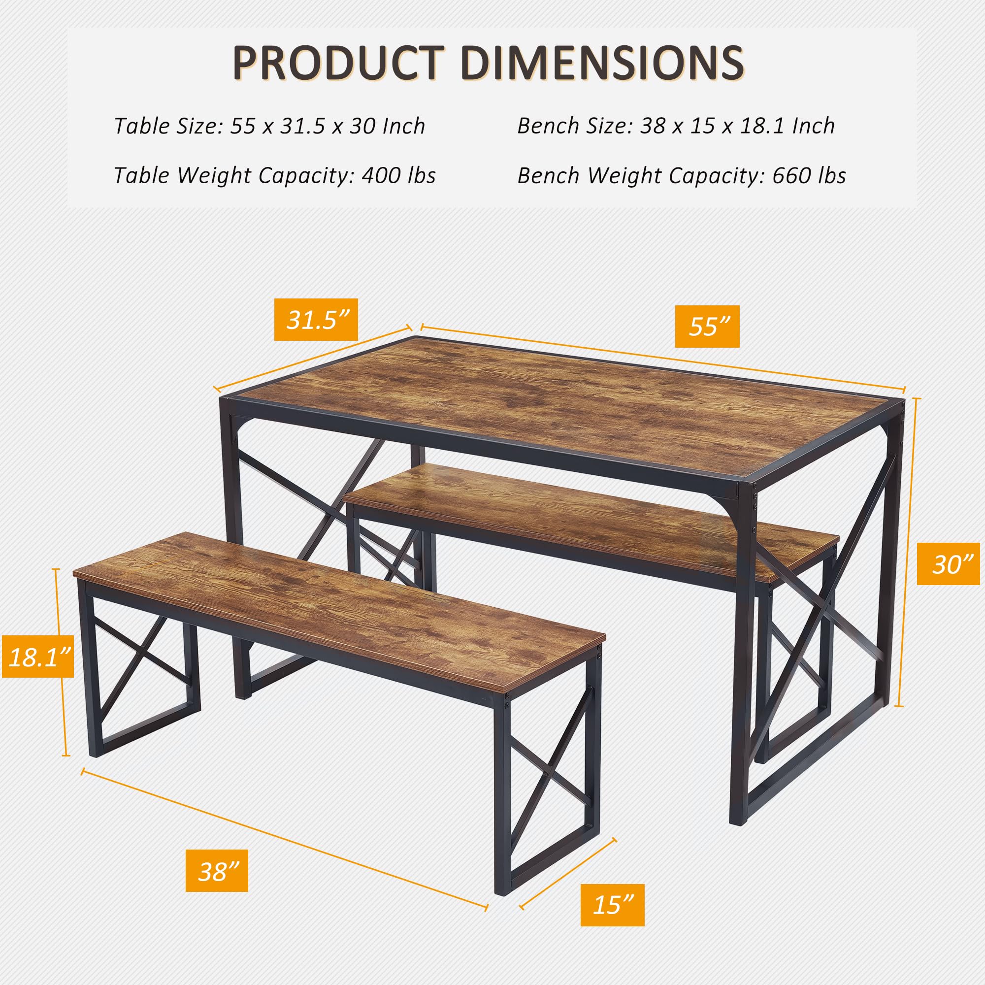 VECELO Kitchen Table with 2 Benches for 6,Wood Dining Room Dinette Sets with Metal Frame for Breakfast Nook and Small Space, 55", Brown