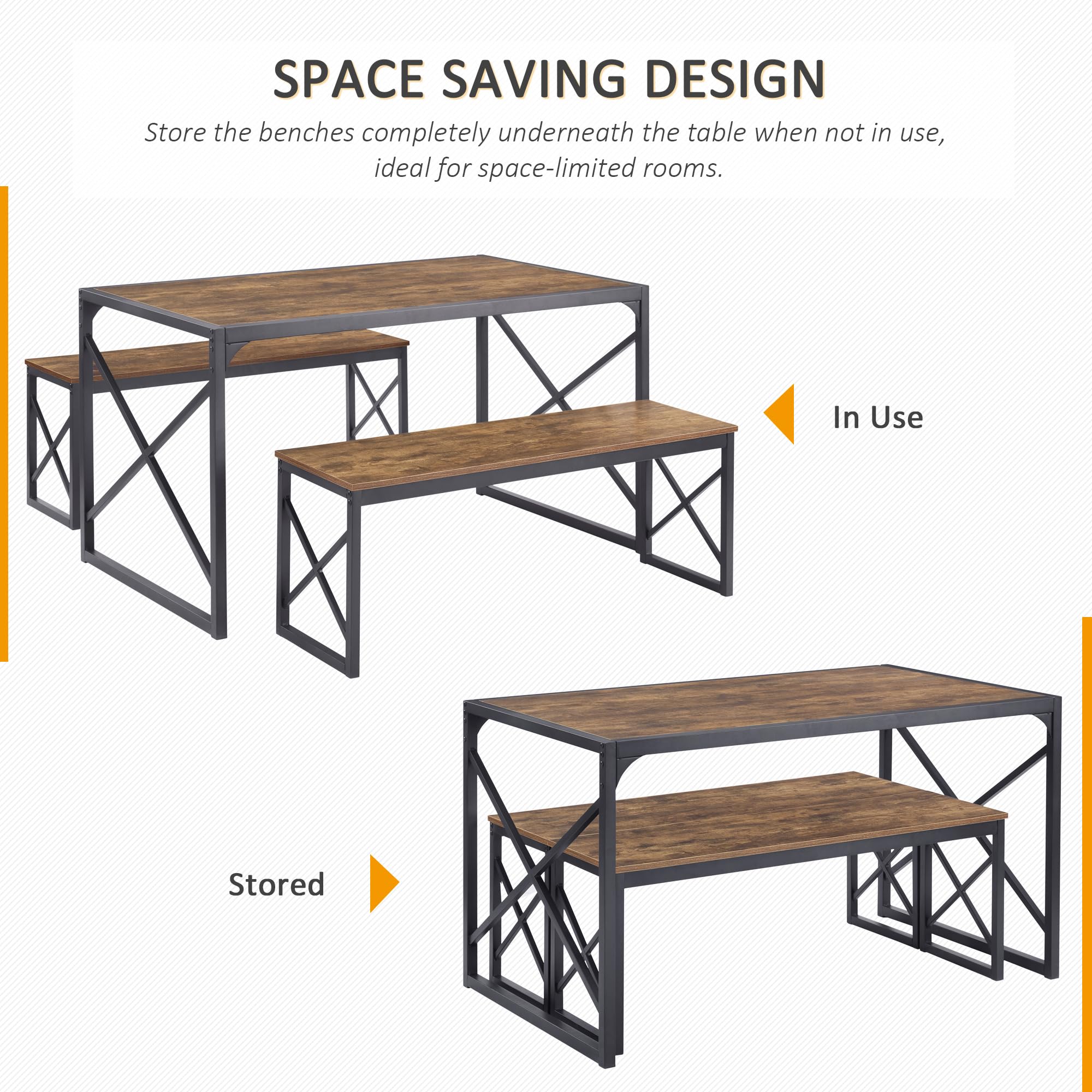 VECELO Kitchen Table with 2 Benches for 6,Wood Dining Room Dinette Sets with Metal Frame for Breakfast Nook and Small Space, 55", Brown