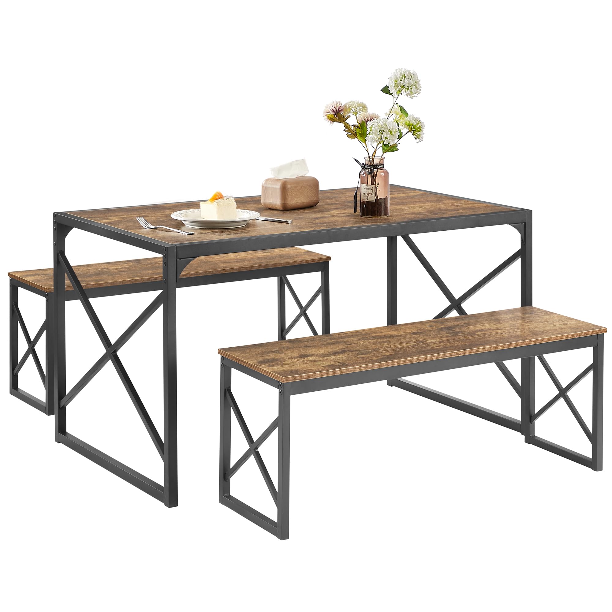 VECELO Kitchen Table with 2 Benches for 6,Wood Dining Room Dinette Sets with Metal Frame for Breakfast Nook and Small Space, 55", Brown