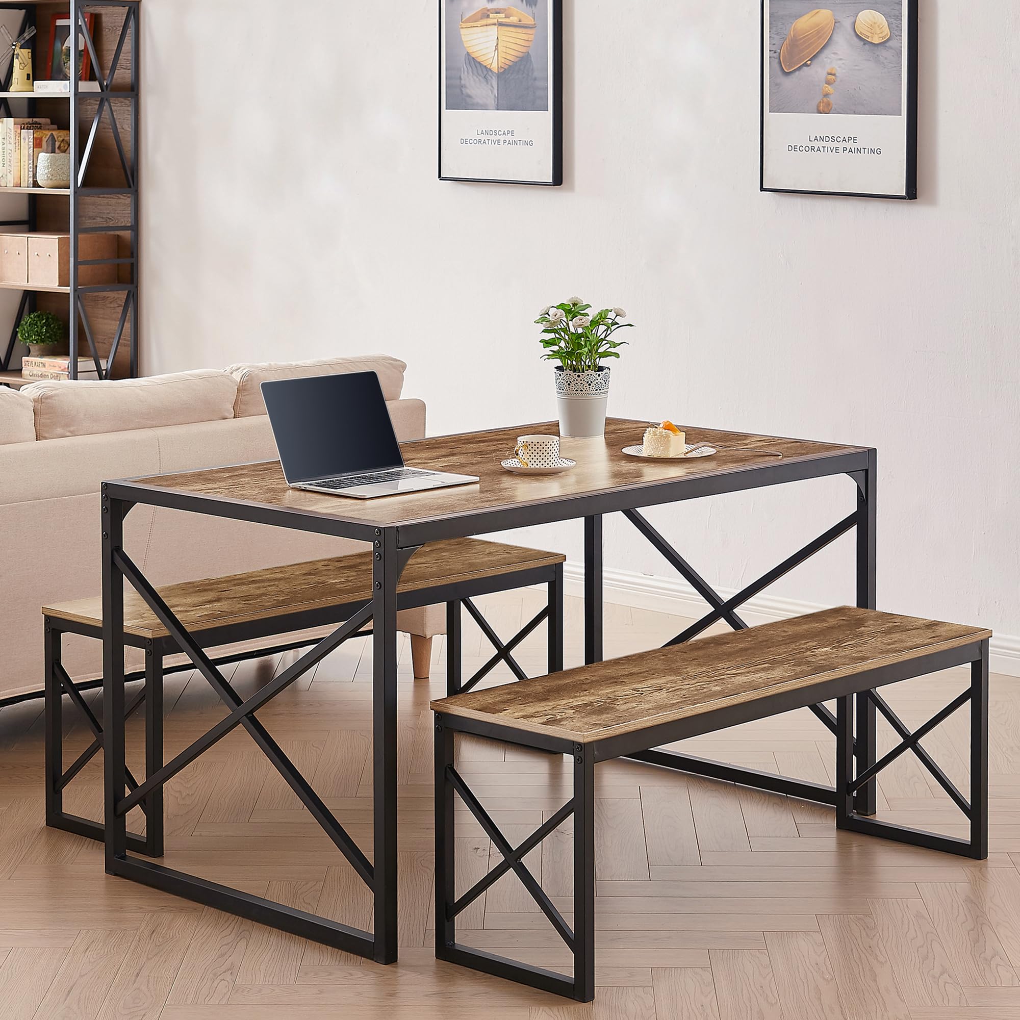 VECELO Kitchen Table with 2 Benches for 6,Wood Dining Room Dinette Sets with Metal Frame for Breakfast Nook and Small Space, 55", Brown