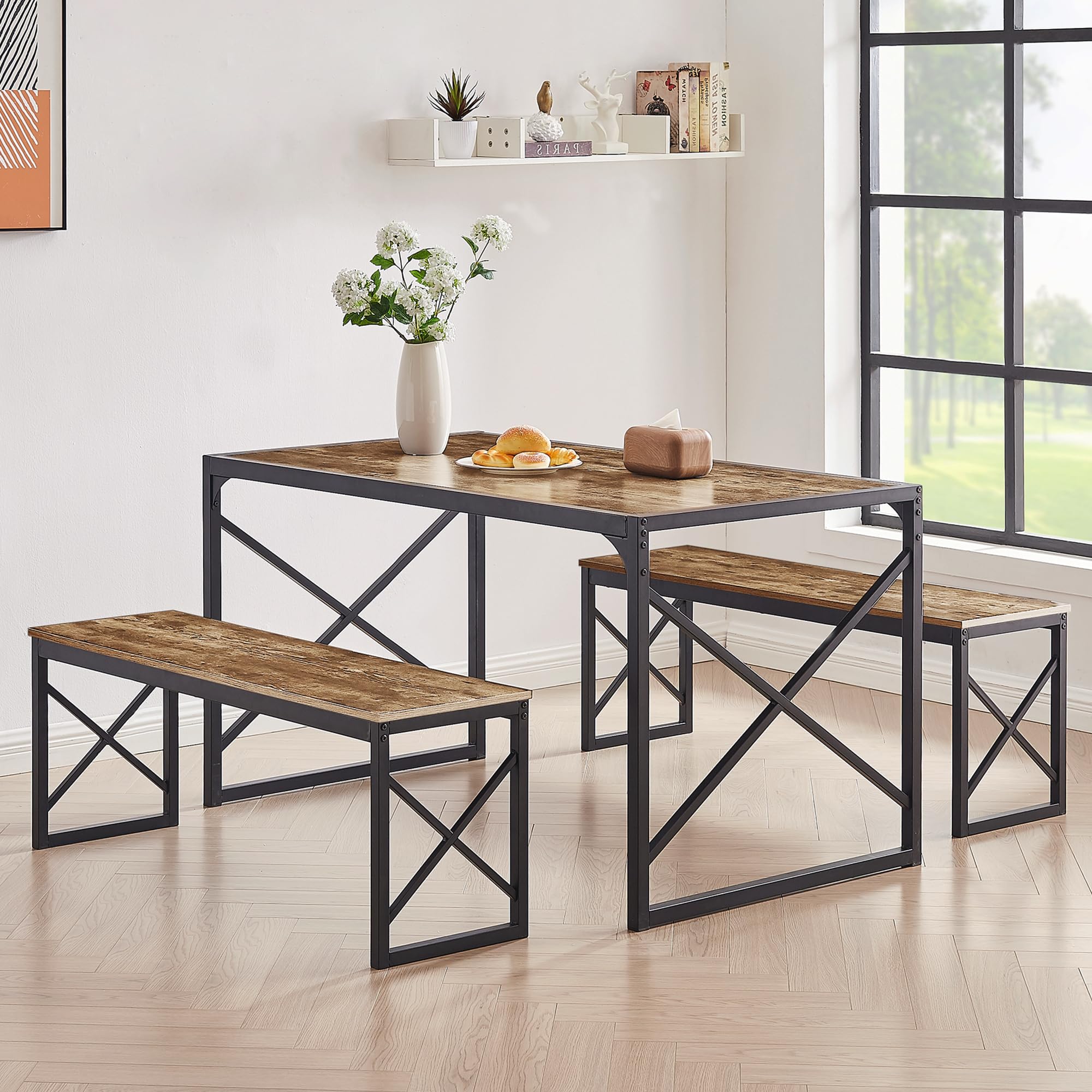 VECELO Kitchen Table with 2 Benches for 6,Wood Dining Room Dinette Sets with Metal Frame for Breakfast Nook and Small Space, 55", Brown