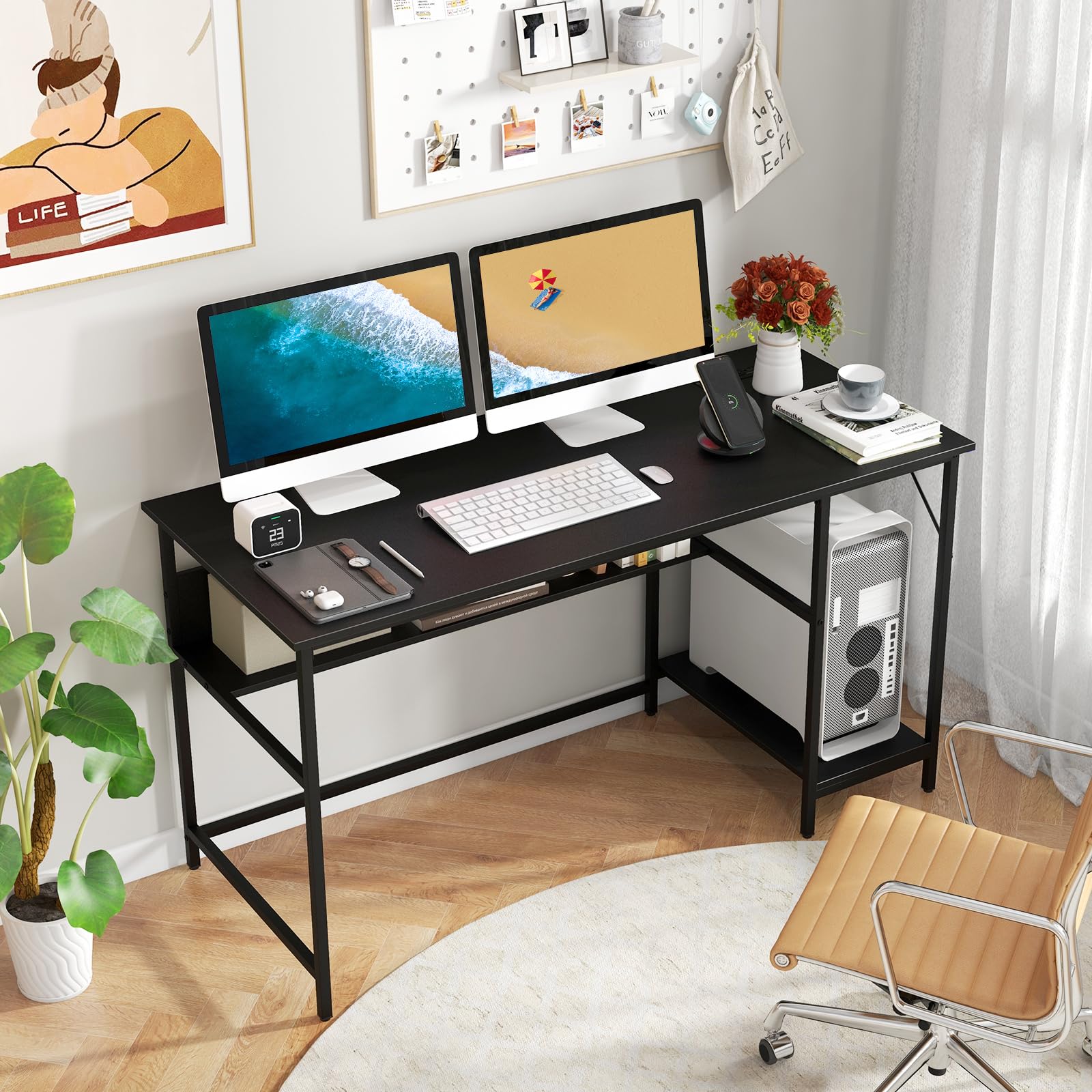 IFANNY 55’’ Computer Desk, PC Gaming Desk with Power Outlet & USB Ports, Large Home Office Desk with Storage Shelves & Steel Frame, Industrial Study Desk for Bedroom (Black)