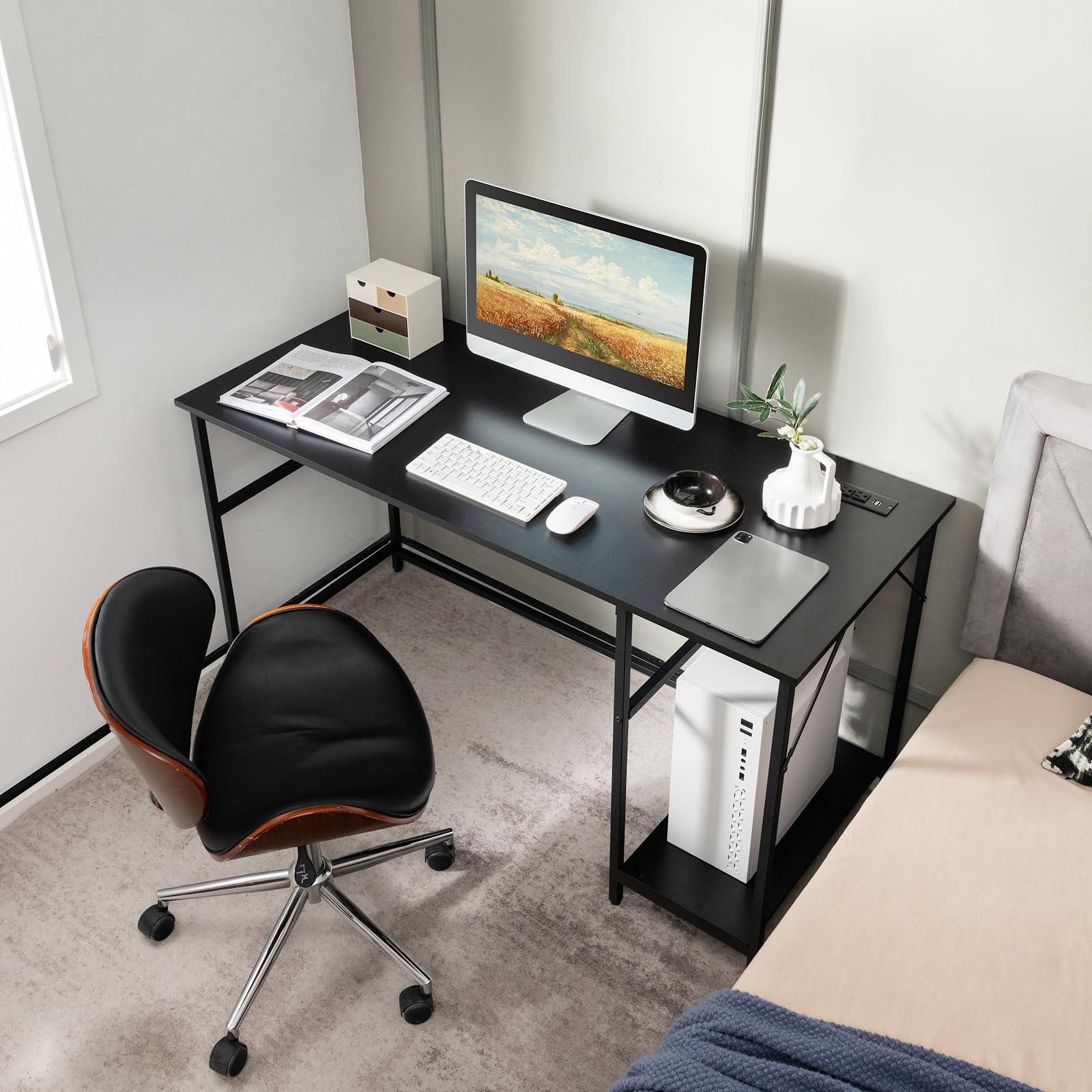 IFANNY 55’’ Computer Desk, PC Gaming Desk with Power Outlet & USB Ports, Large Home Office Desk with Storage Shelves & Steel Frame, Industrial Study Desk for Bedroom (Black)