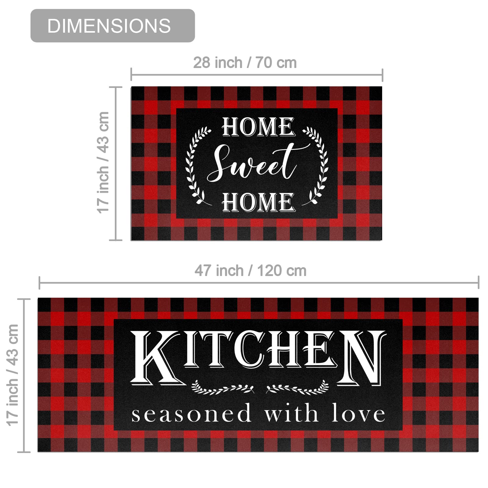 HOLVDENG Red Buffalo Plaid Kitchen Mat Set of 2 Non Slip Thick Kitchen Rugs and Mats for Floor Comfort Standing Mats for Kitchen, Sink, Office, Laundry, 17"x47"+17"x28"