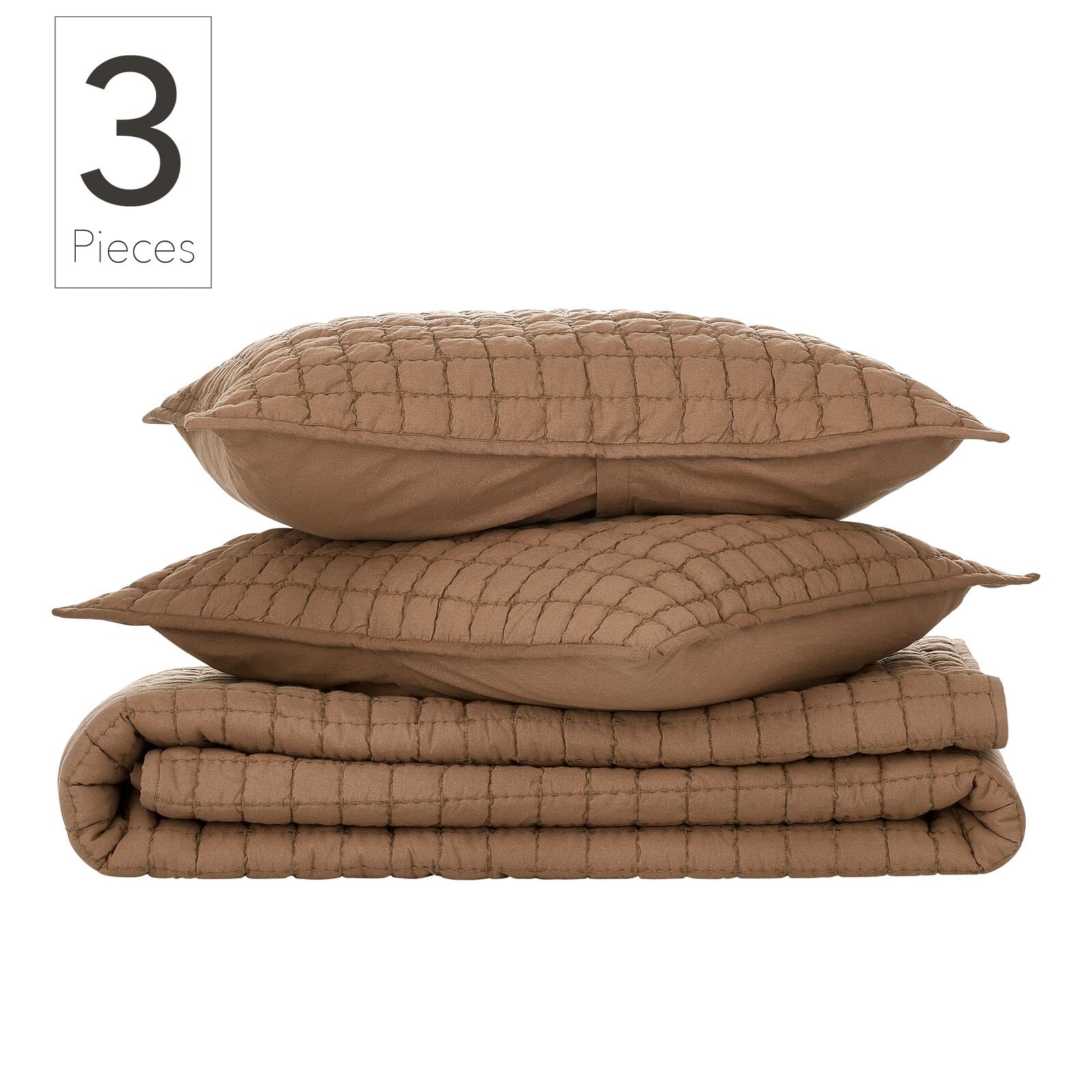Nate Home by Nate Berkus Solid All-Season Cotton Textured Quilt Set | Breathable and Comfortable Bedding from mDesign - Full/Queen Size - 1 Quilt/2 Pillow Shams, Truffle (Brown)