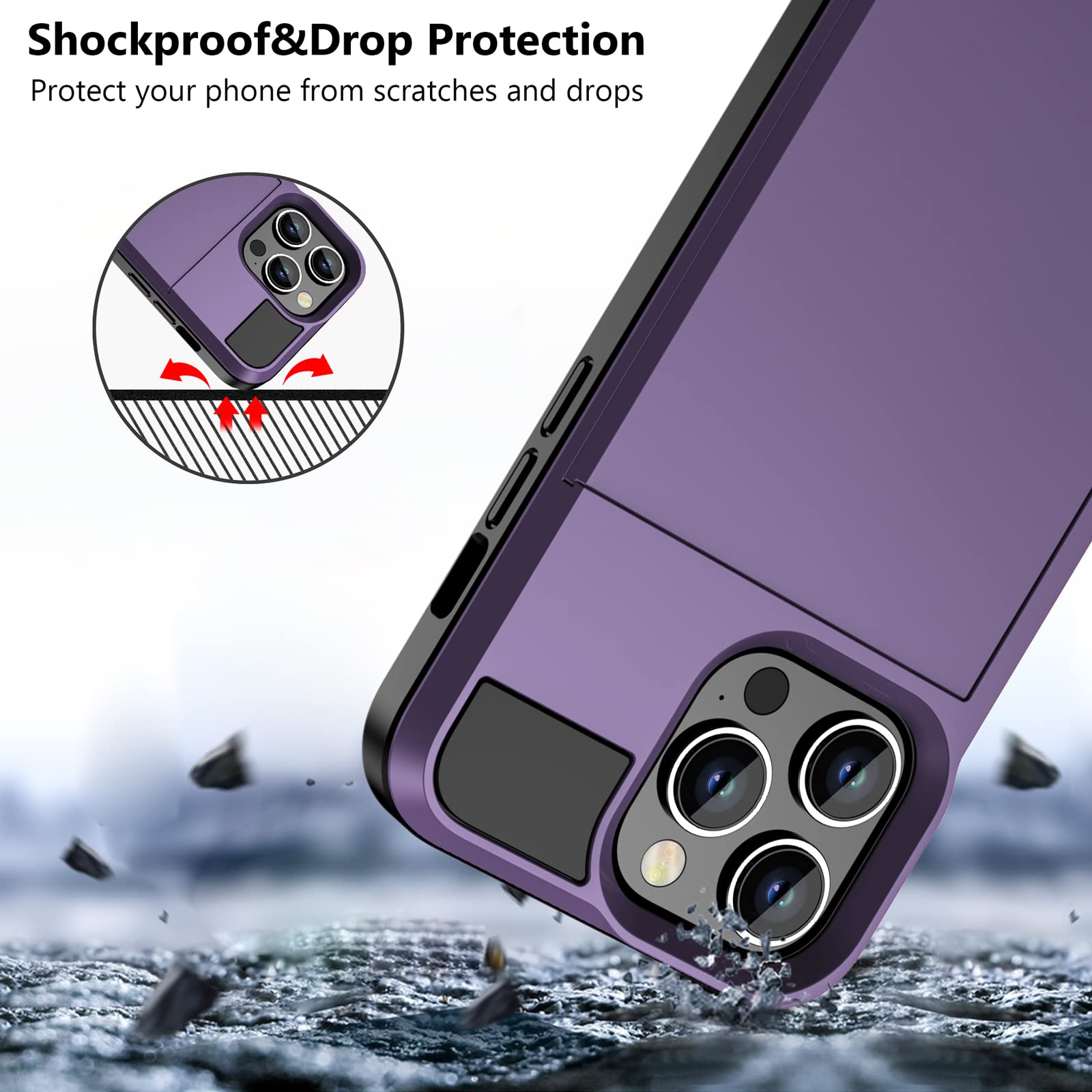 Vofolen for iPhone 14 Pro Max Case Wallet Credit Card Holder ID Slot Sliding Door Hidden Pocket Men Women Anti-Scratch Dual Layer Hybrid Bumper Armor Protective Shell Back Cover GreyPurple 6.7 inch