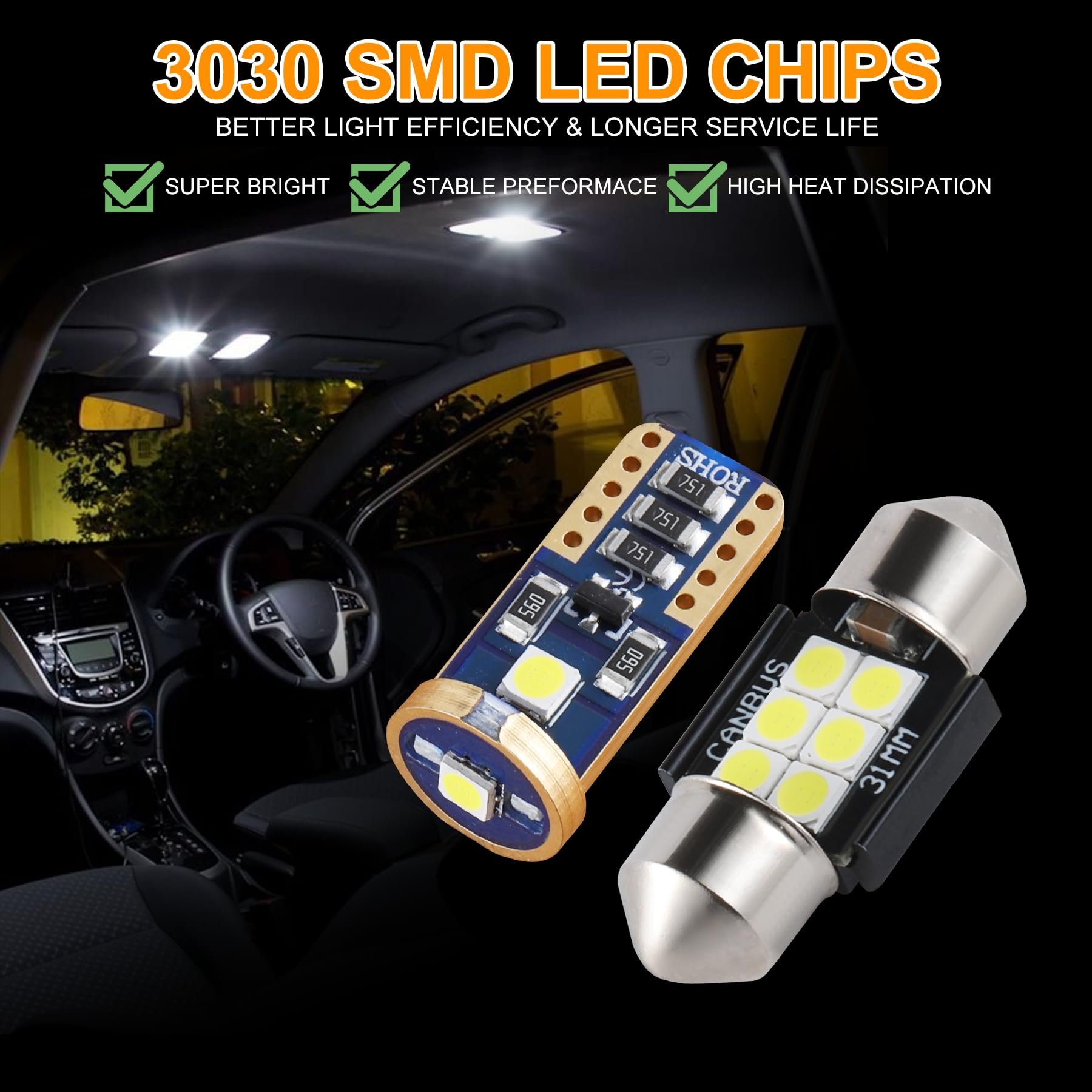 iBrightstar 31mm DE3175 DE3021 194 168 T10 LED Bulbs 3030 Chipset Error Free for Car Truck Interiors Dome Map Door Courtesy License Plate Lights pack of 10, Xenon White