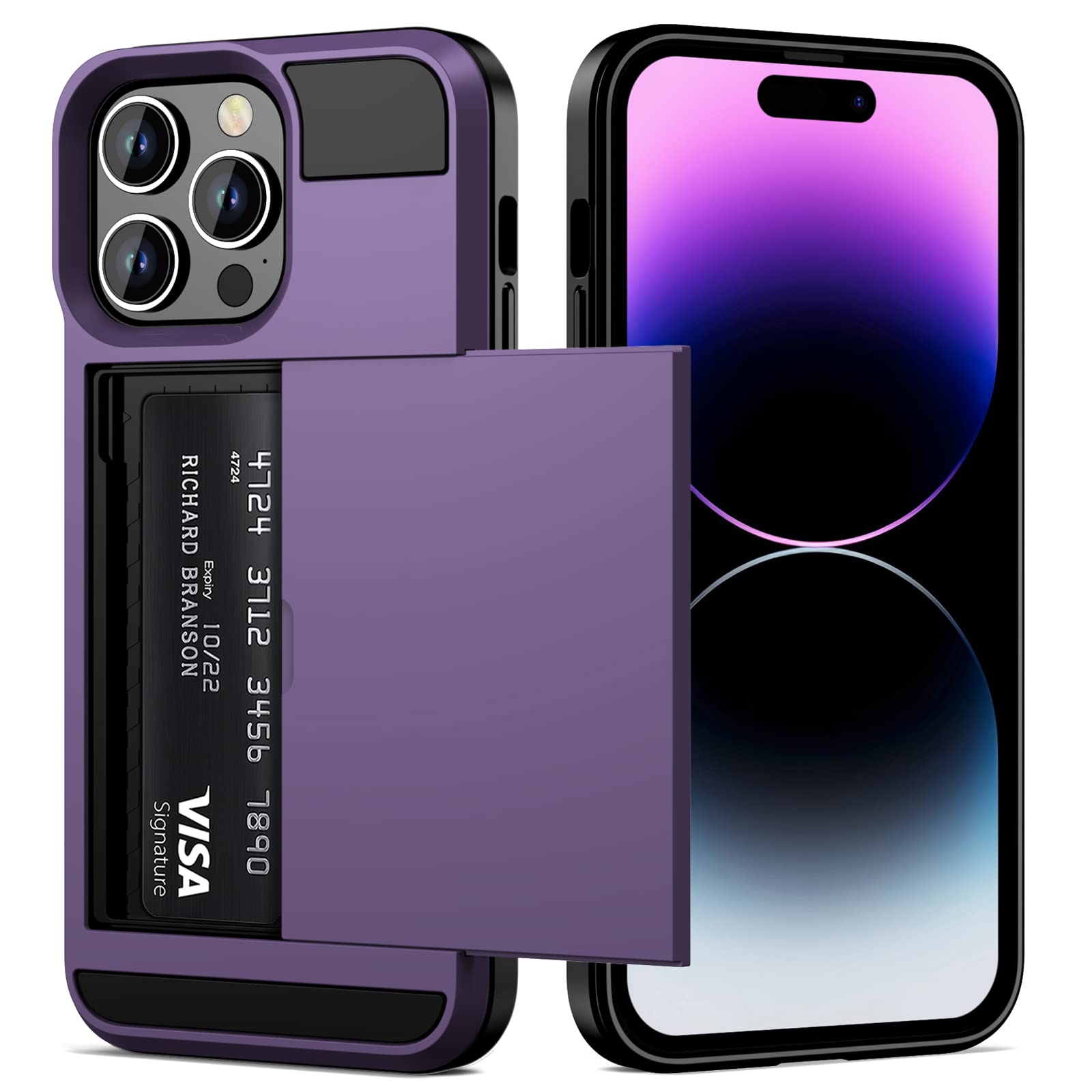 Vofolen for iPhone 14 Pro Max Case Wallet Credit Card Holder ID Slot Sliding Door Hidden Pocket Men Women Anti-Scratch Dual Layer Hybrid Bumper Armor Protective Shell Back Cover GreyPurple 6.7 inch