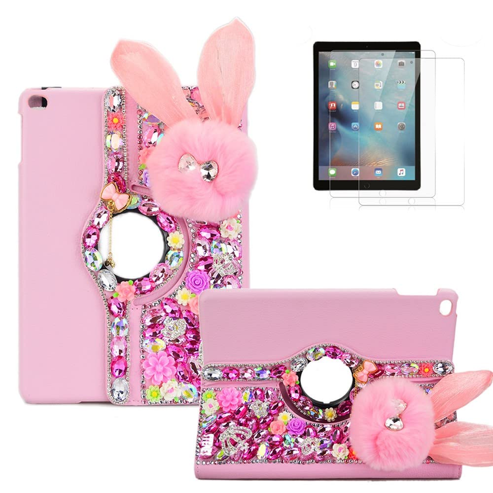 STENES Bling Case Compatible with Samsung Galaxy Tab A8 10.5 (2021) - Stylish - 3D Handmade Crystal Rabbit Pompon Bowknot Pendant 360 Degree Rotating Case with Smart Cover Auto Sleep/Wake - Pink