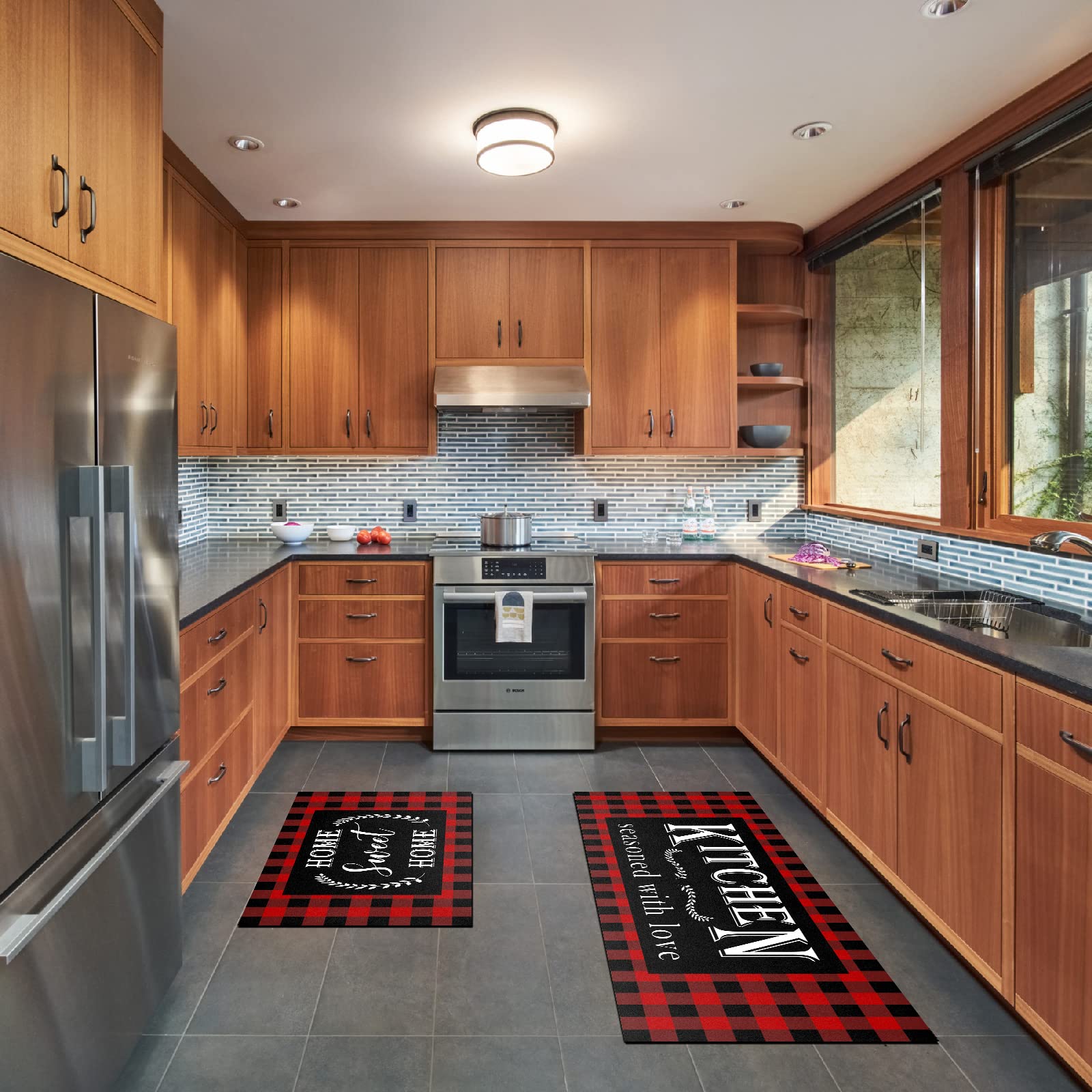 HOLVDENG Red Buffalo Plaid Kitchen Mat Set of 2 Non Slip Thick Kitchen Rugs and Mats for Floor Comfort Standing Mats for Kitchen, Sink, Office, Laundry, 17"x47"+17"x28"