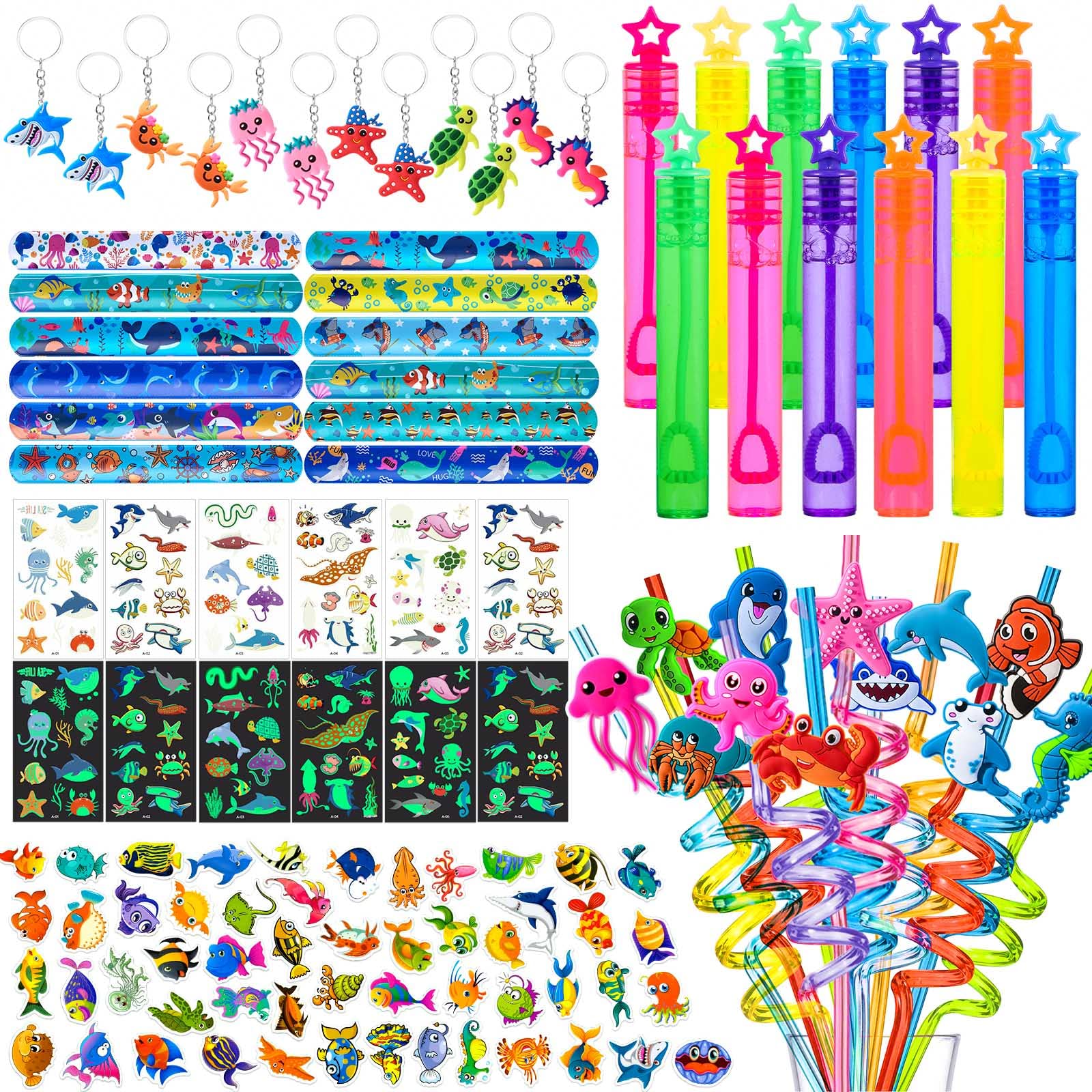 Golray 112pcs Under the Sea Party Favors Ocean Animal Creature Bulk Toy Gift Summer Birthday Supplies for Kids Boy Girl Straw Bubble Wand Tattoo Sticker Goodie Bag Filler Stuffer