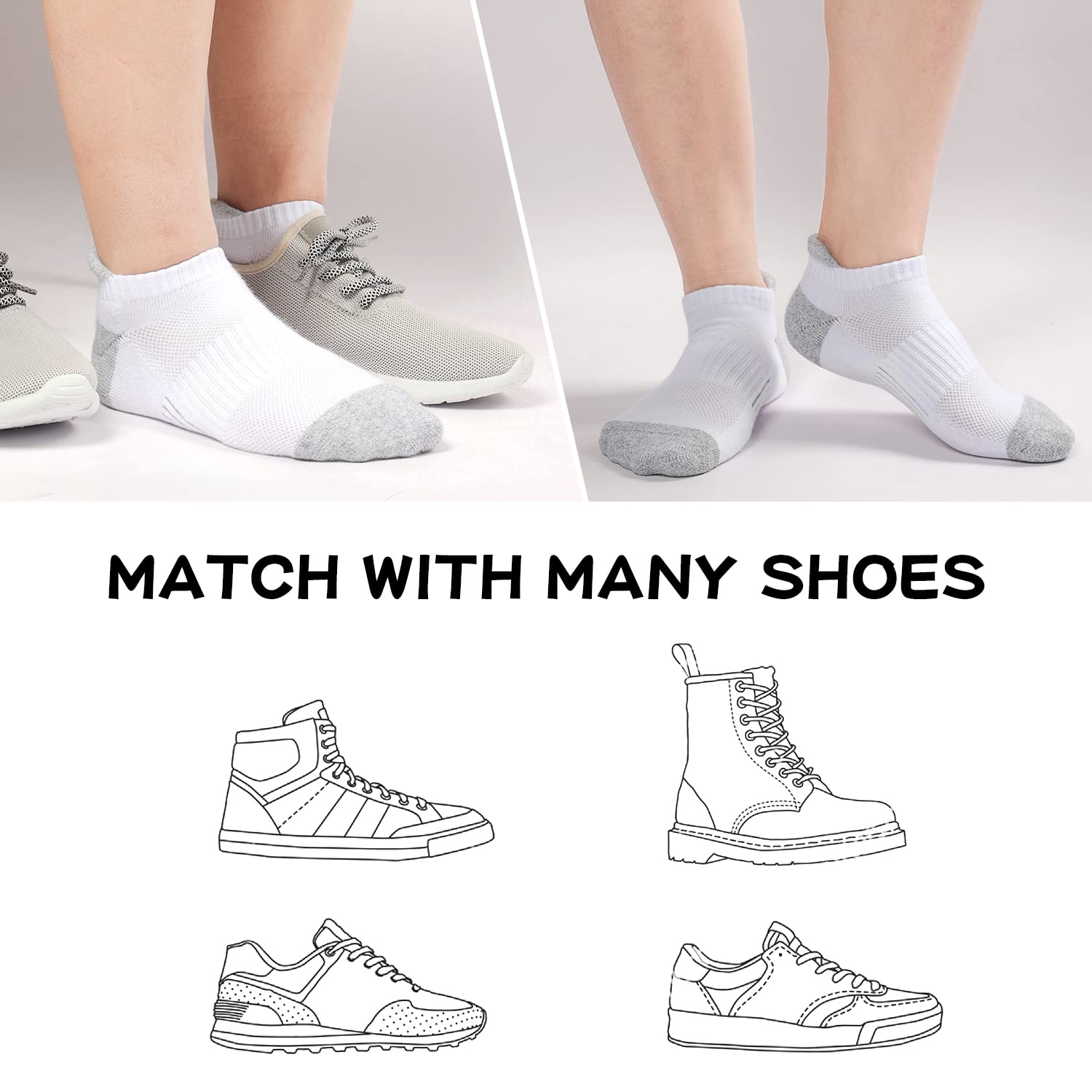 Ankle Socks for Women White Running Socks, Cushioned Athletic Low Cut No Show Compression Socks Womens Liner Footies for Sneakers 6 Pairs Size 9-11