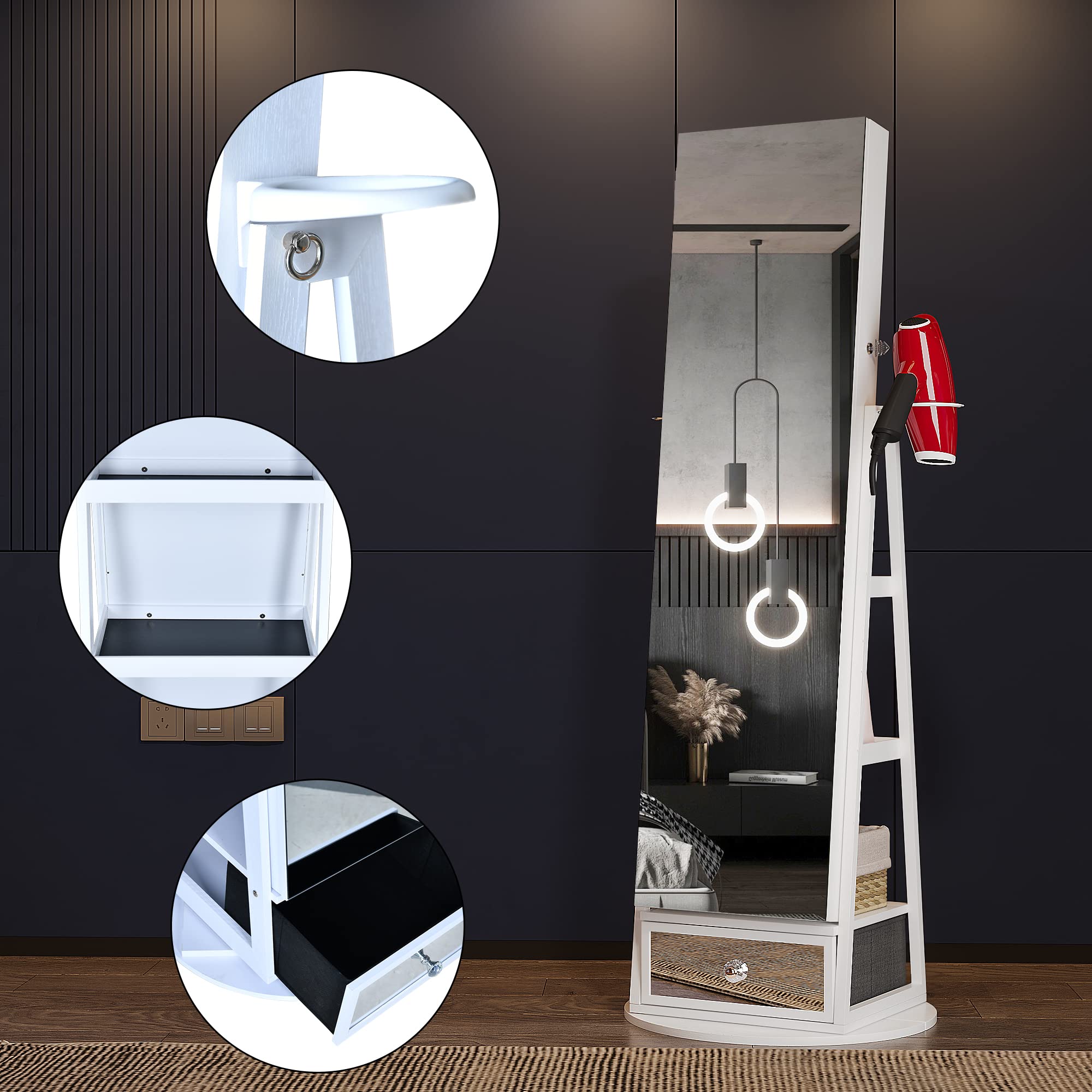 Dystler 360° Swivel Jewelry Cabinet with 6LED Lights, Rotatable Full Length Mirror with Jewelry Storage, Lockable Standing Jewelry Armoire Organizer, Foldable Makeup Shelf& Built-in Small Mirror,White