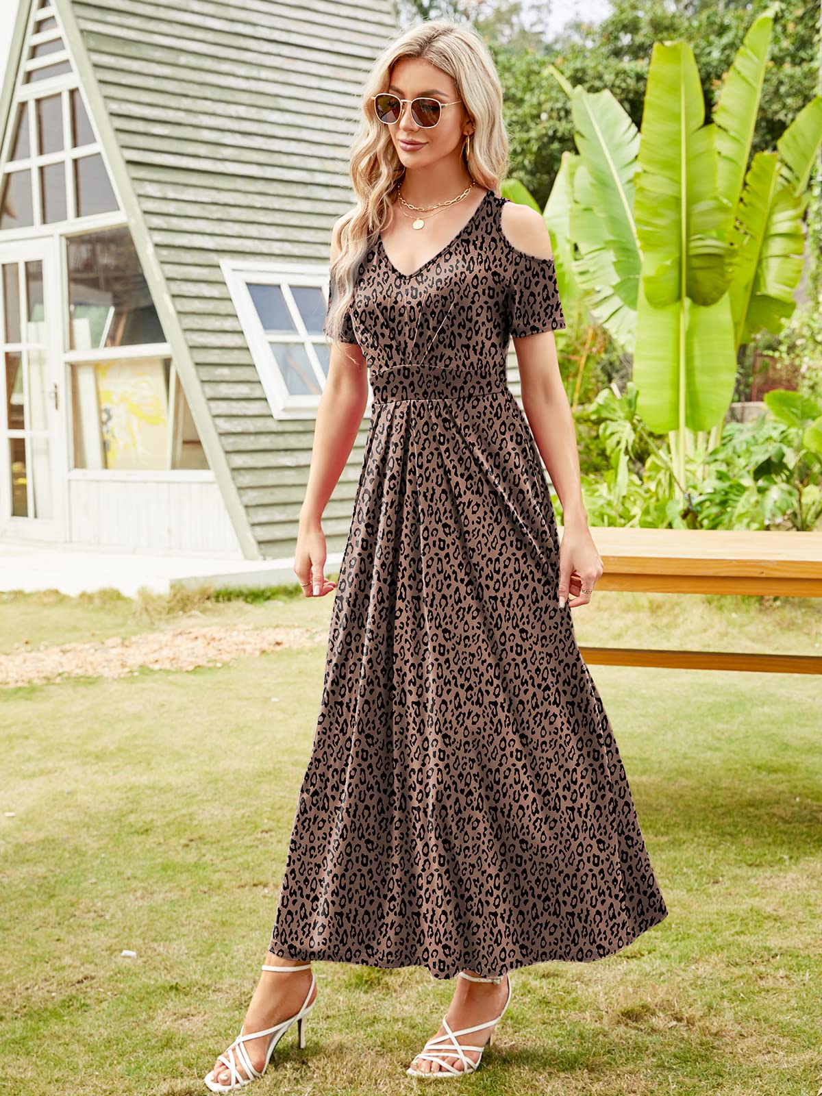 Arolina Cold Shoulder Maxi Dress for Women Summer V Neck Short Sleeve Casual Long Beach Dresses with Pocket