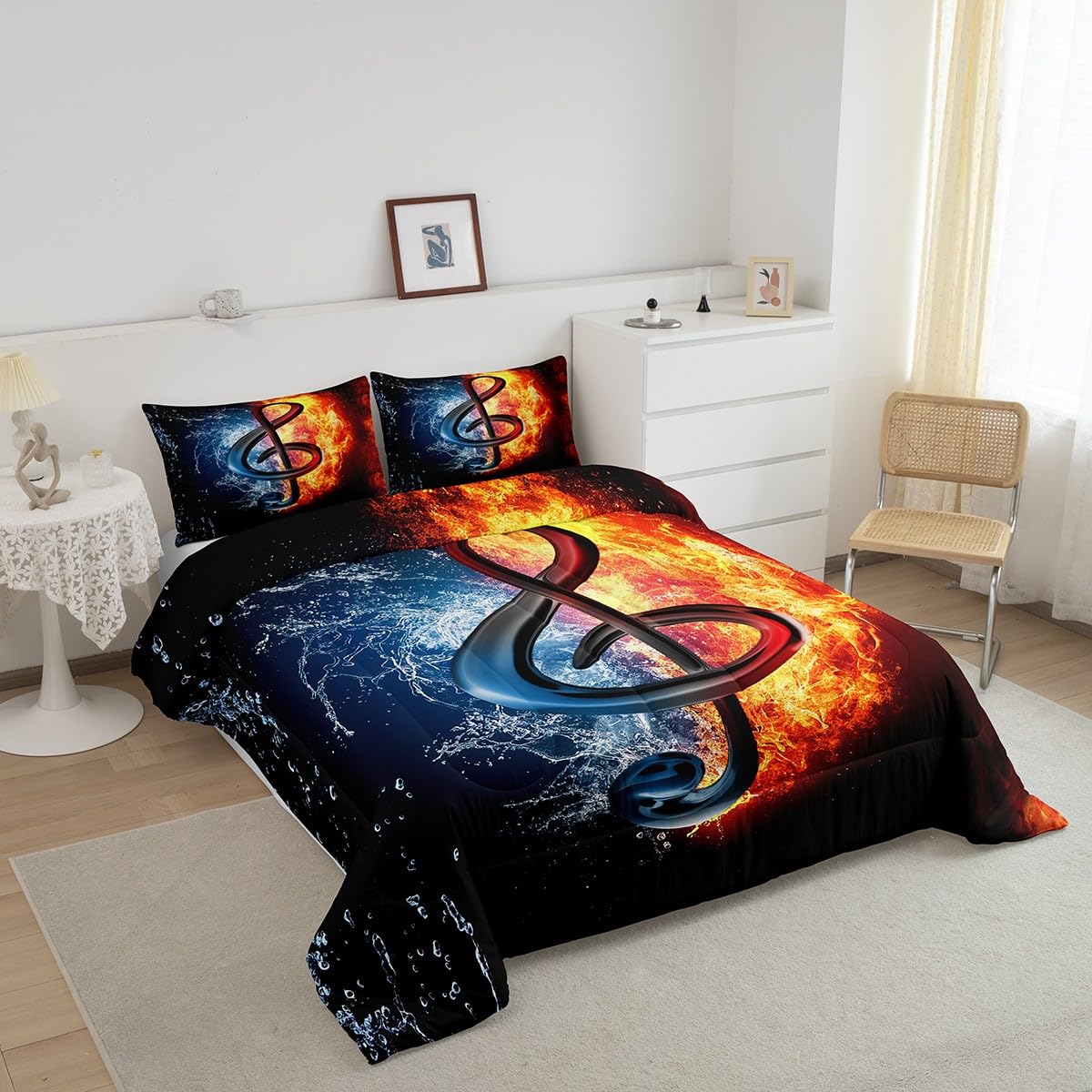 Feelyou Music Themed Comforter Set Water Flame Music Note Print Bedding Set King Size Luxury Musical Comforter for Kids Boys Girls Men Women Decor Hipster Duvet Set Boys