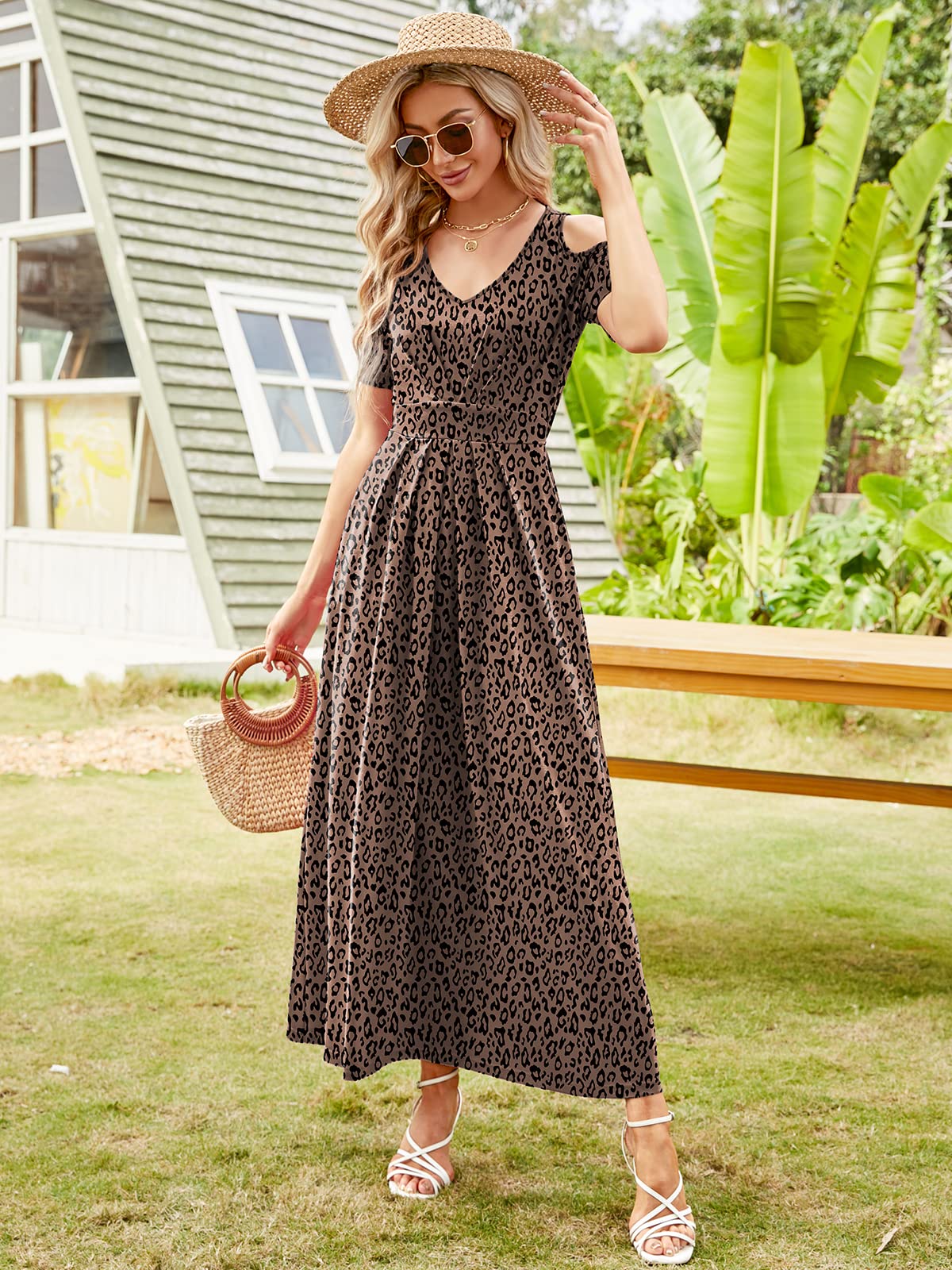 Arolina Cold Shoulder Maxi Dress for Women Summer V Neck Short Sleeve Casual Long Beach Dresses with Pocket