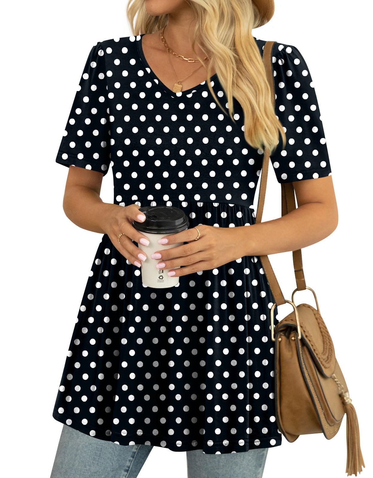 YVH Women's Summer Tunics Babydoll Tops Casual Short Sleeve Long Peplum Blouse Shirts, Polka dot black, XL