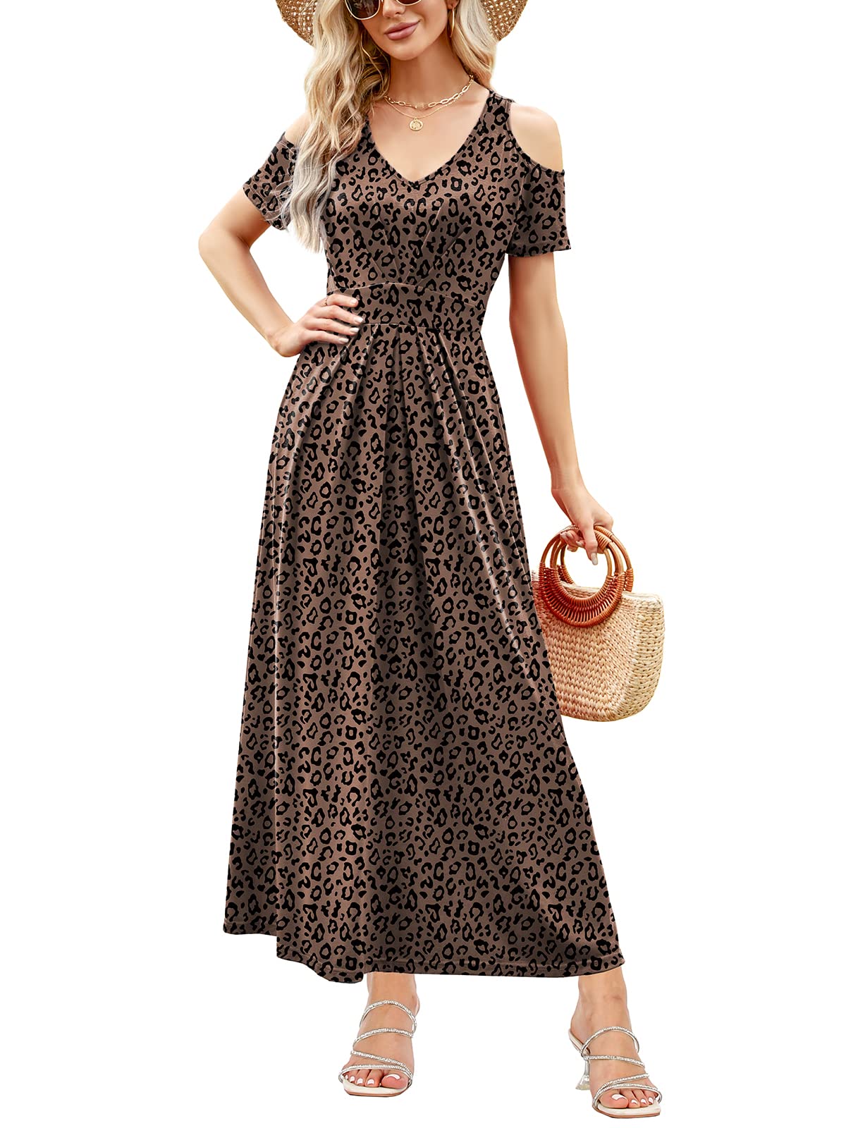 Arolina Cold Shoulder Maxi Dress for Women Summer V Neck Short Sleeve Casual Long Beach Dresses with Pocket
