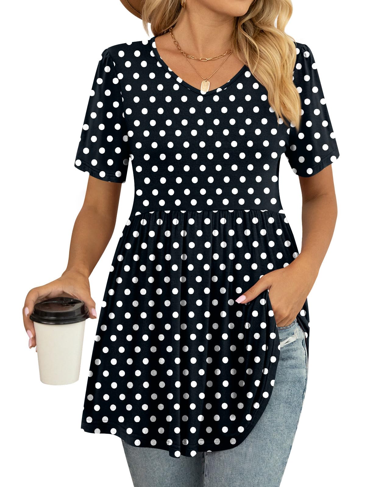 YVH Women's Summer Tunics Babydoll Tops Casual Short Sleeve Long Peplum Blouse Shirts, Polka dot black, XL
