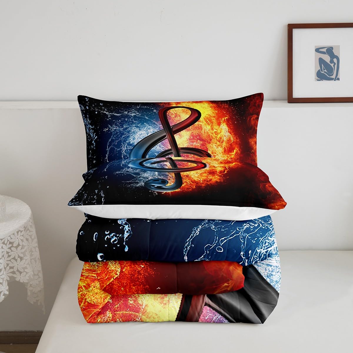 Feelyou Music Themed Comforter Set Water Flame Music Note Print Bedding Set King Size Luxury Musical Comforter for Kids Boys Girls Men Women Decor Hipster Duvet Set Boys