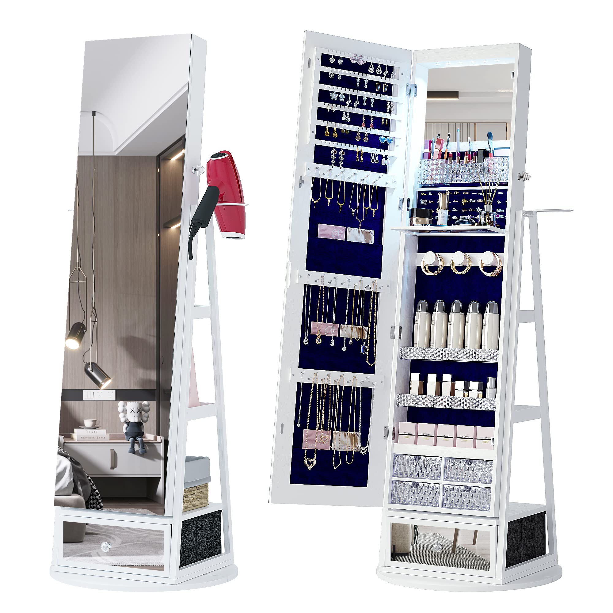 Dystler 360° Swivel Jewelry Cabinet with 6LED Lights, Rotatable Full Length Mirror with Jewelry Storage, Lockable Standing Jewelry Armoire Organizer, Foldable Makeup Shelf& Built-in Small Mirror,White