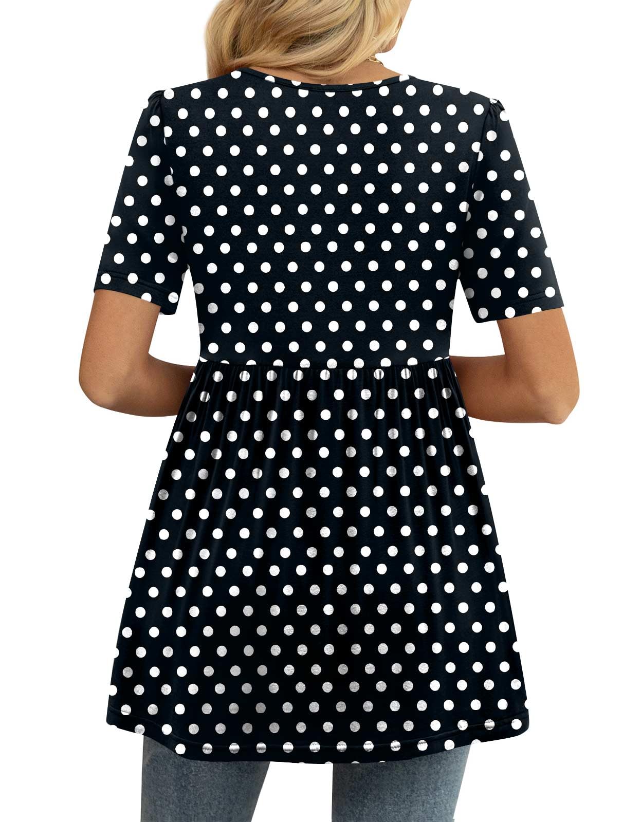 YVH Women's Summer Tunics Babydoll Tops Casual Short Sleeve Long Peplum Blouse Shirts, Polka dot black, XL