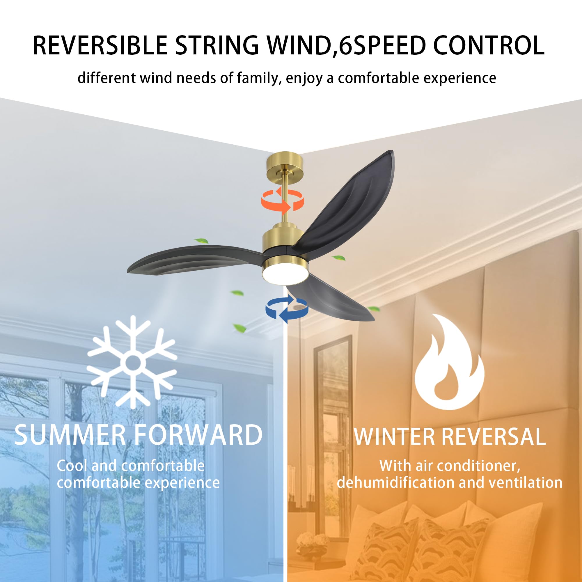 ELEHINSER 64" Wood Ceiling Fan with Lights and Remote Control, 3 Blades 6-Speed Reversible DC Motor Ceiling fan for Kitchen Bedroom Dining Living Room, Black Wood Blades with Gold