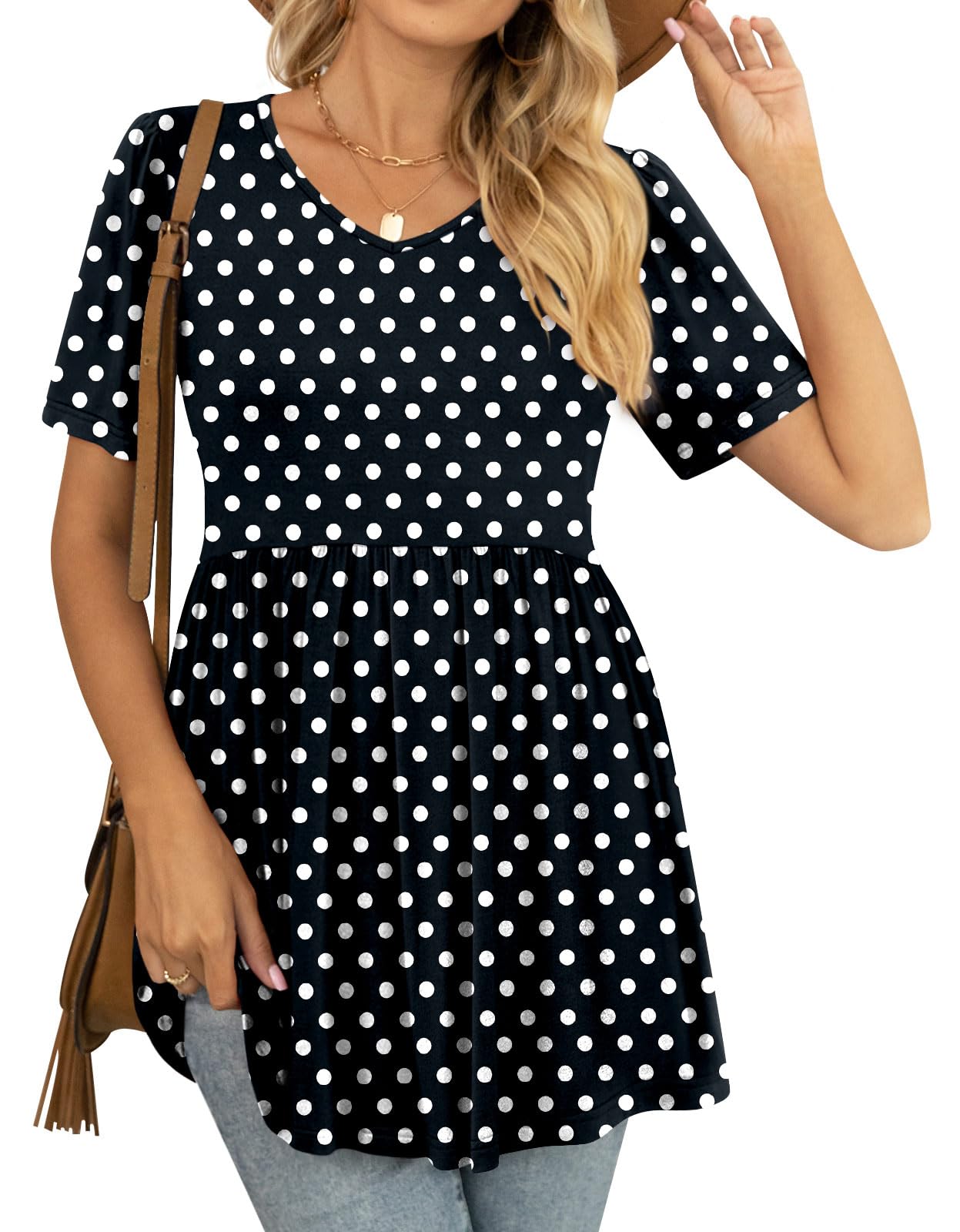 YVH Women's Summer Tunics Babydoll Tops Casual Short Sleeve Long Peplum Blouse Shirts, Polka dot black, XL