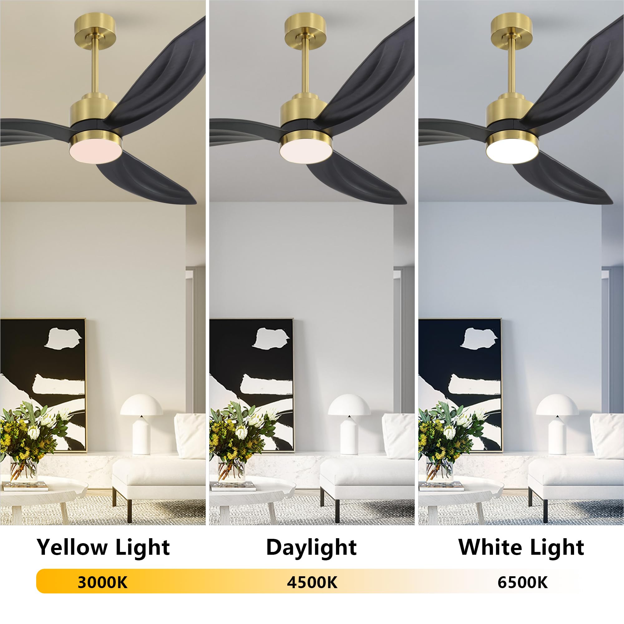 ELEHINSER 64" Wood Ceiling Fan with Lights and Remote Control, 3 Blades 6-Speed Reversible DC Motor Ceiling fan for Kitchen Bedroom Dining Living Room, Black Wood Blades with Gold