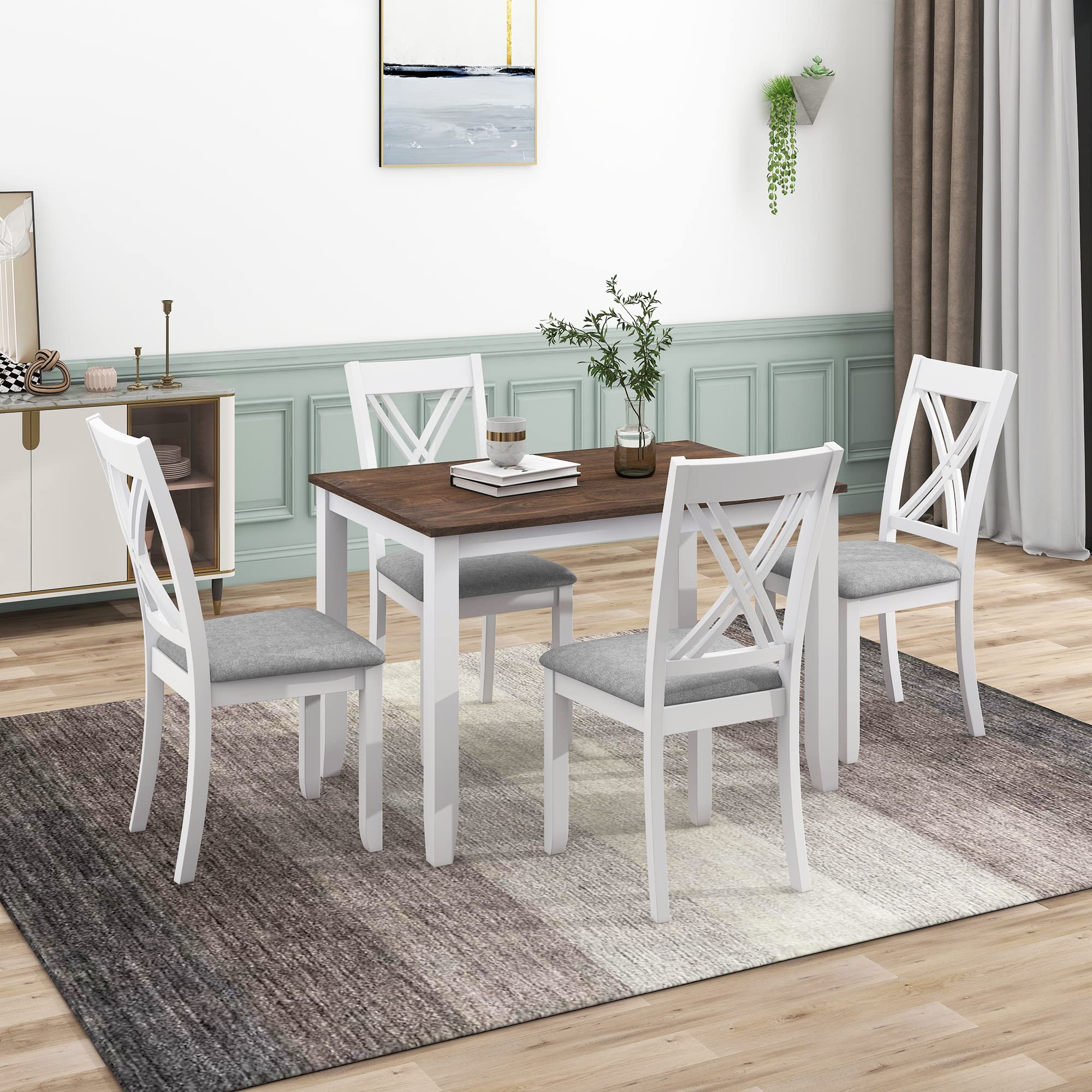 Harper & Bright Designs Rustic Wood 5-Piece Dining Table Set, Wood Kitchen Table Set with Table and 4 X-Back Dining Chairs, White