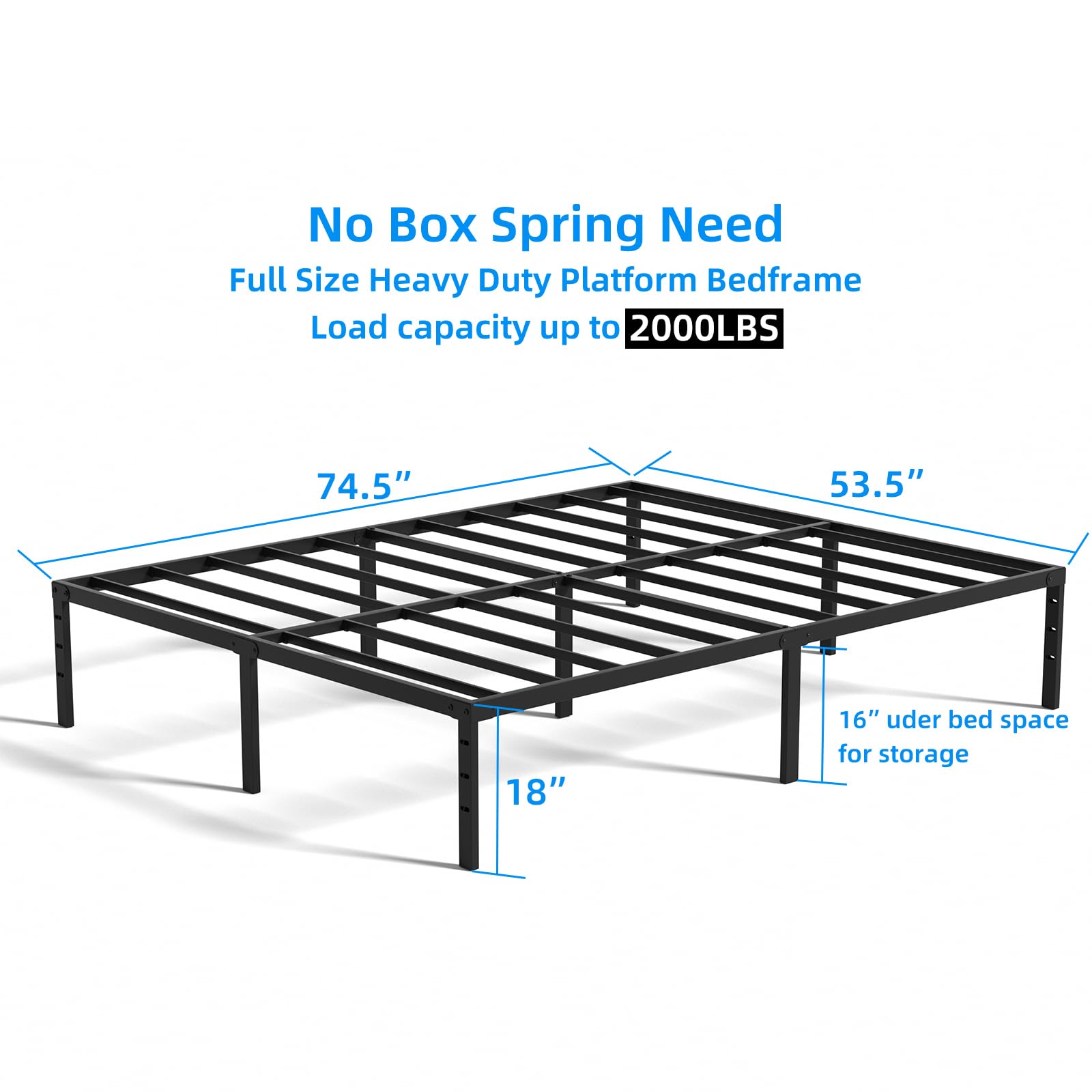 Meberam 18 Inch Full Size Metal Platform Bed Frame Heavy Duty Mattress Foundation Support No Box Spring Need, Black