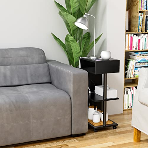 yamagahome End Table with Charging Station, 4-Tier Nightstand with Charger Station, Narrow Side Tables Living Room, Bedroom for Small Spaces, Small Bedside Table with USB Ports and Outlets, Black