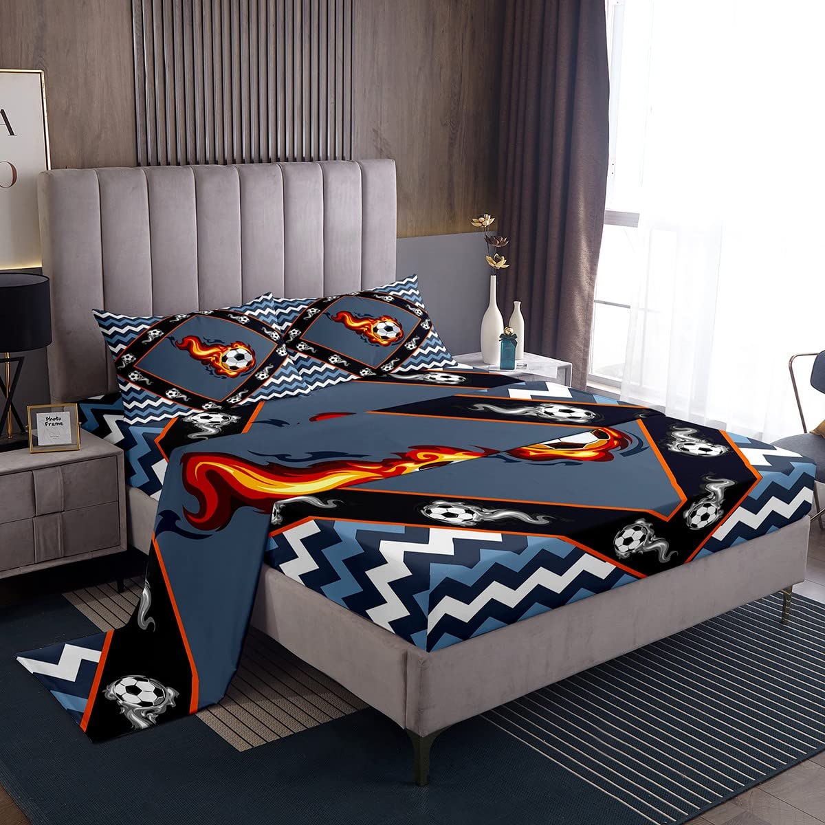 Erosebridal Soccer Sheet Set for Kids Boys Girls,Black Blue Geometric Striped Bed Sheets King,Flame Football Bedding Set,Modern Sports Ball Print Fitted Sheet + Top Sheet + 2 Pillowcases