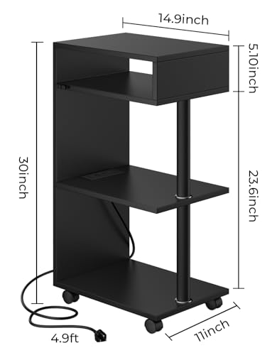 yamagahome End Table with Charging Station, 4-Tier Nightstand with Charger Station, Narrow Side Tables Living Room, Bedroom for Small Spaces, Small Bedside Table with USB Ports and Outlets, Black