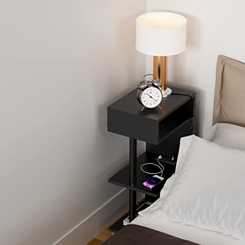 yamagahome End Table with Charging Station, 4-Tier Nightstand with Charger Station, Narrow Side Tables Living Room, Bedroom for Small Spaces, Small Bedside Table with USB Ports and Outlets, Black