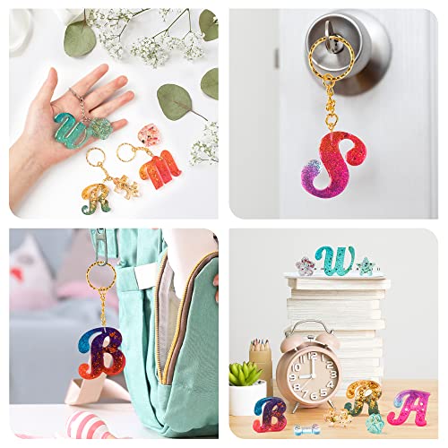 Mocoosy 182Pcs Reversed Silicone Alphabet Resin Molds Kit, Fancy Letter & Ornament Molds Epoxy Resin Casting Molds Resin Keychain Making Set with 1 Hand Drill 2 Drill Bits 30 Key Rings 100 Screw Pins