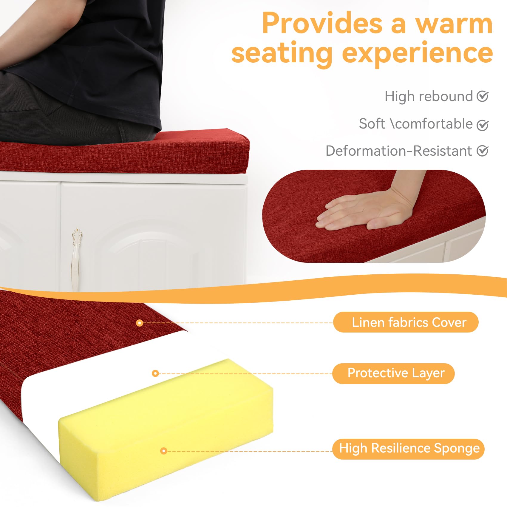 ROFIELTY Bench Cushion 39 inch, Durable Bench Cushions for Indoor Furniture, Non-Slip Window Seat Cushions Indoor, Personalized Custom Bench Cushion (Red, 39x17x2)