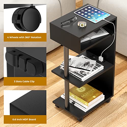 yamagahome End Table with Charging Station, 4-Tier Nightstand with Charger Station, Narrow Side Tables Living Room, Bedroom for Small Spaces, Small Bedside Table with USB Ports and Outlets, Black