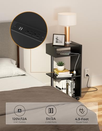 yamagahome End Table with Charging Station, 4-Tier Nightstand with Charger Station, Narrow Side Tables Living Room, Bedroom for Small Spaces, Small Bedside Table with USB Ports and Outlets, Black