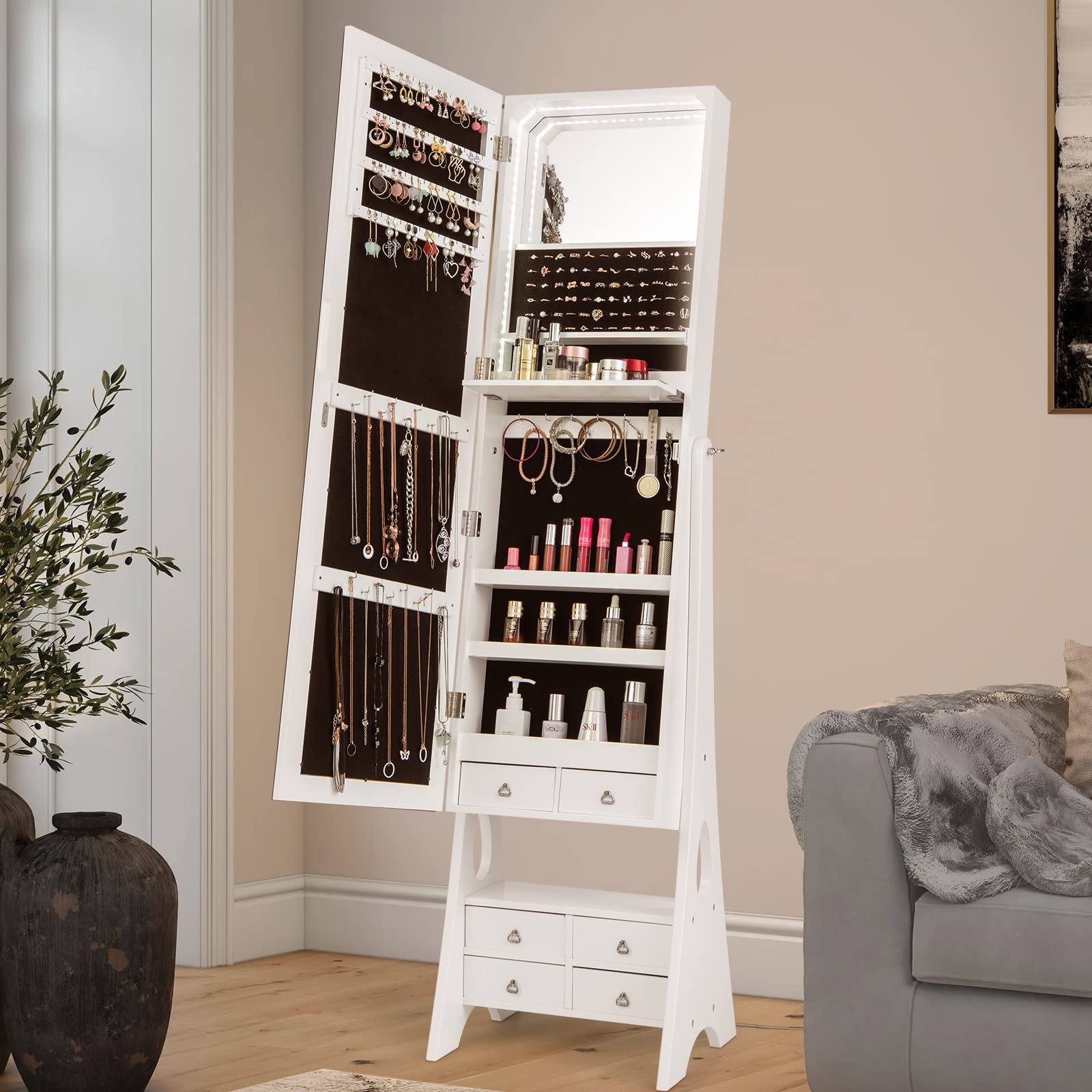 GOFLAME Jewelry Cabinet Freestanding, LED Lighted Jewelry Armoire with Full-length Frameless Mirror, Foldable shelf, 6 Drawers, Lockable Mirrored Jewelry Cabinet with 3 Adjustable Angle (White)