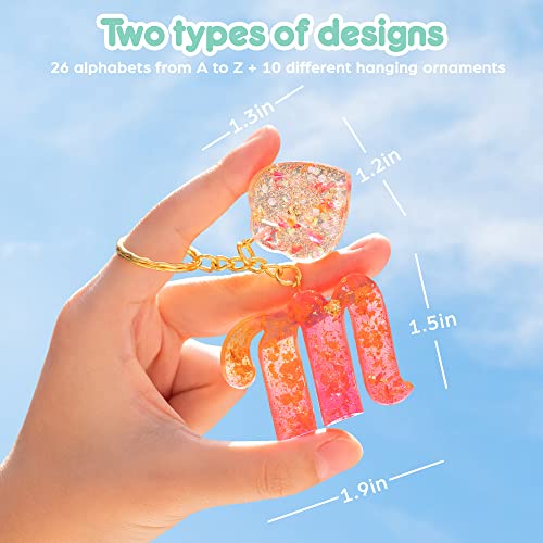 Mocoosy 182Pcs Reversed Silicone Alphabet Resin Molds Kit, Fancy Letter & Ornament Molds Epoxy Resin Casting Molds Resin Keychain Making Set with 1 Hand Drill 2 Drill Bits 30 Key Rings 100 Screw Pins