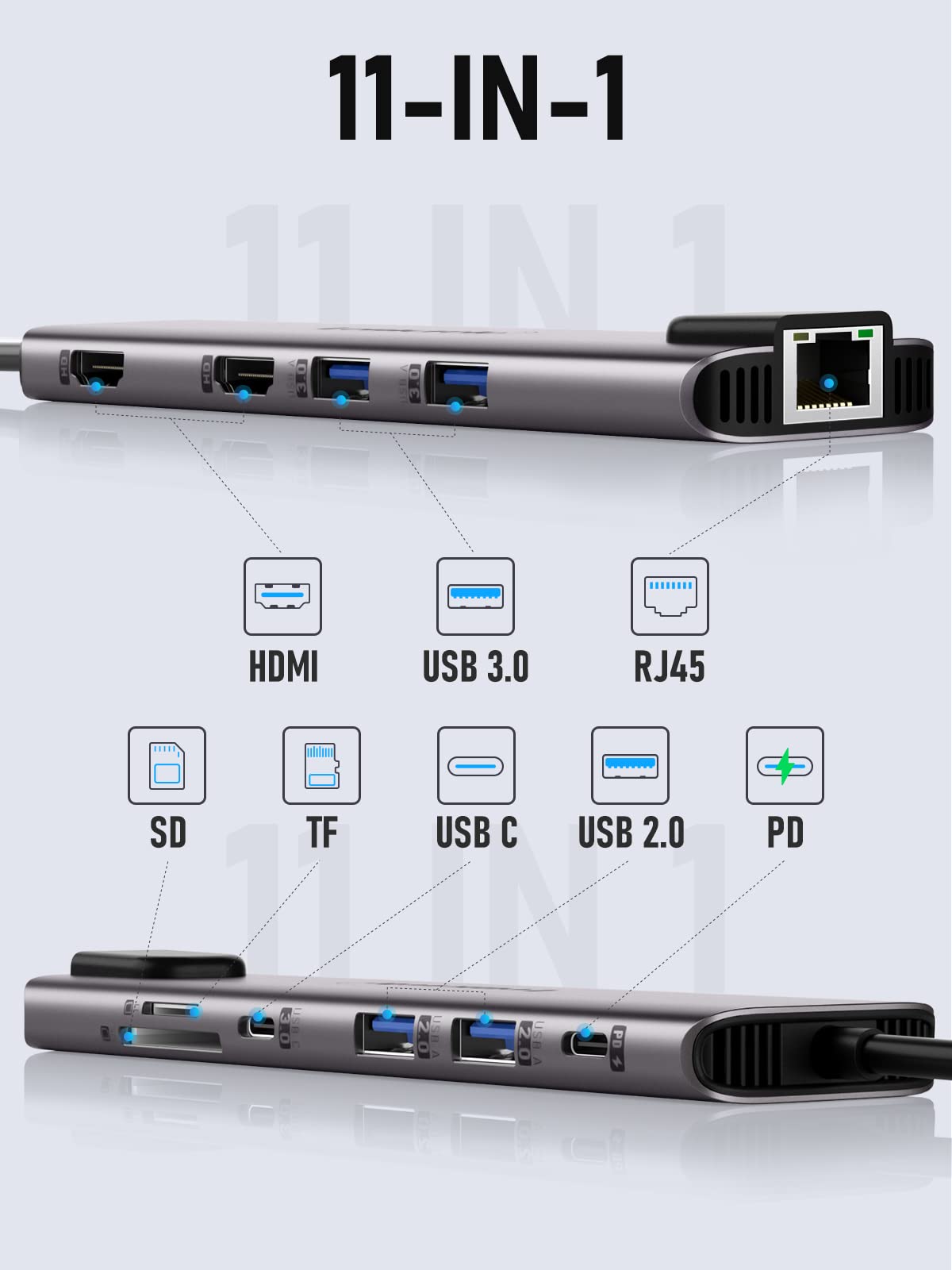 Lemorele 11 in 1 USB C Laptop Docking Station Dual Monitor Hub Adapter w/ 2 HDMI 4K, 100W PD, Ethernet, SD/TF, 2 USB 3.0, 2 USB 2.0, USB C 3.0 Data, for Dell HP Lenovo Surface Typc C Laptop