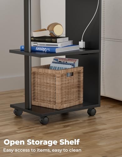 yamagahome End Table with Charging Station, 4-Tier Nightstand with Charger Station, Narrow Side Tables Living Room, Bedroom for Small Spaces, Small Bedside Table with USB Ports and Outlets, Black